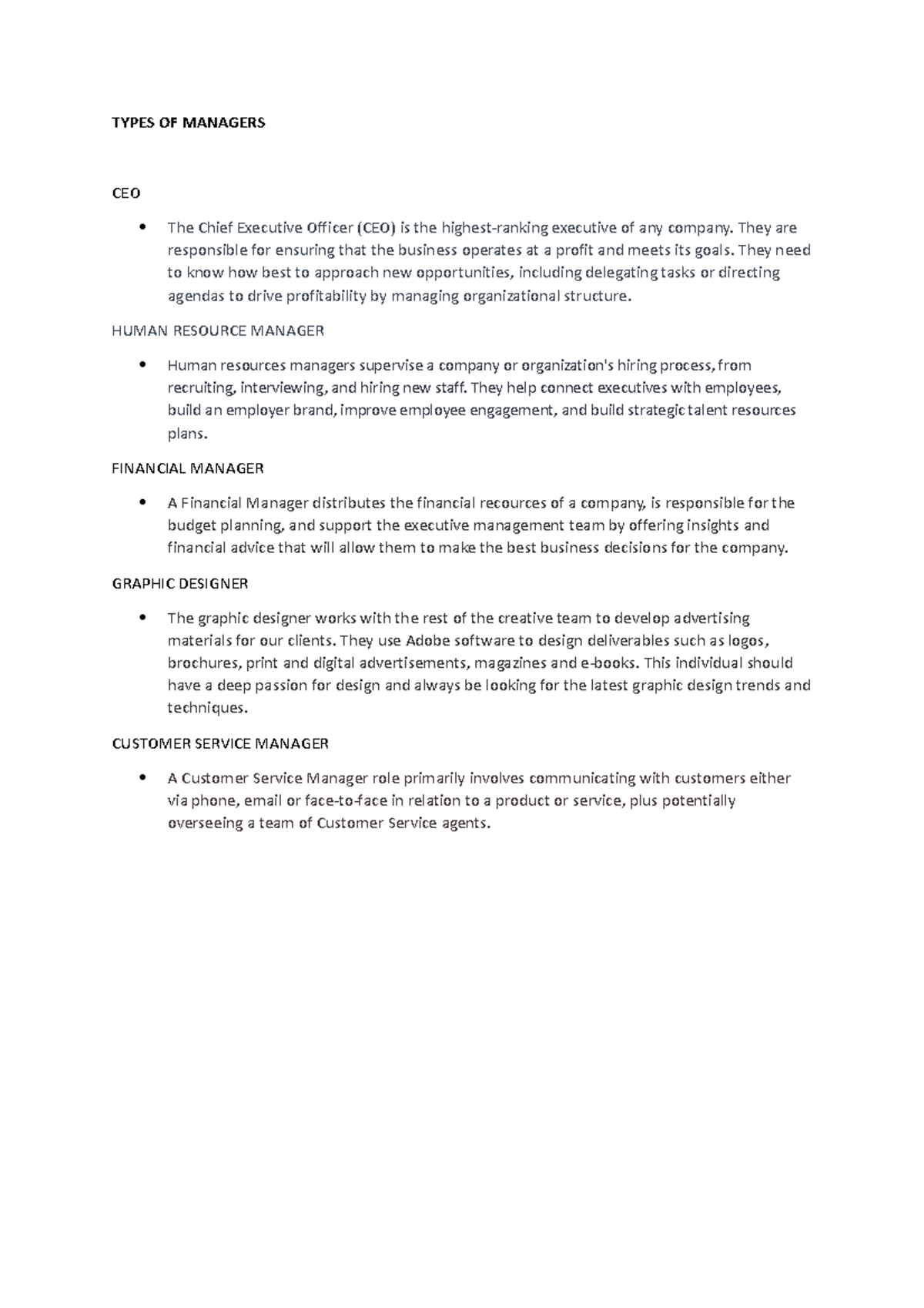 MGT162 types of manager - TYPES OF MANAGERS CEO The Chief Executive ...