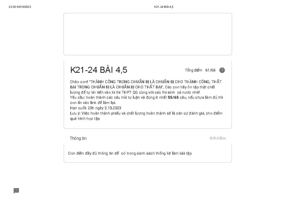 K21-24 BÀI 4,5 - work - Thông tin 0/0 điểm Con điền đầy đủ thông tin để có trong danh sách thống ...