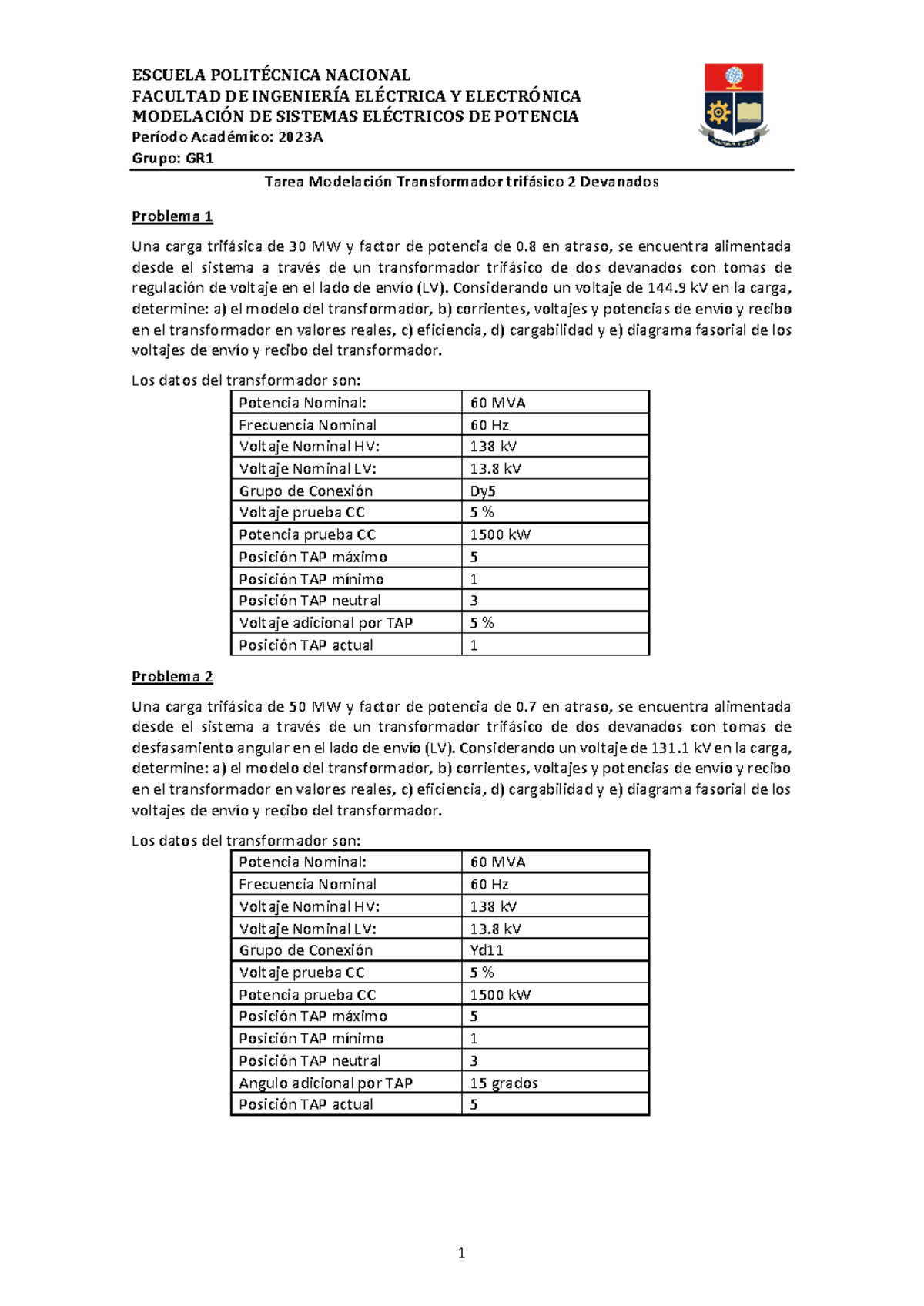 Tarea Modelación Trafo 2D - ESCUELA POLITÉCNICA NACIONAL FACULTAD DE INGENIERÍA ELÉCTRICA Y ...