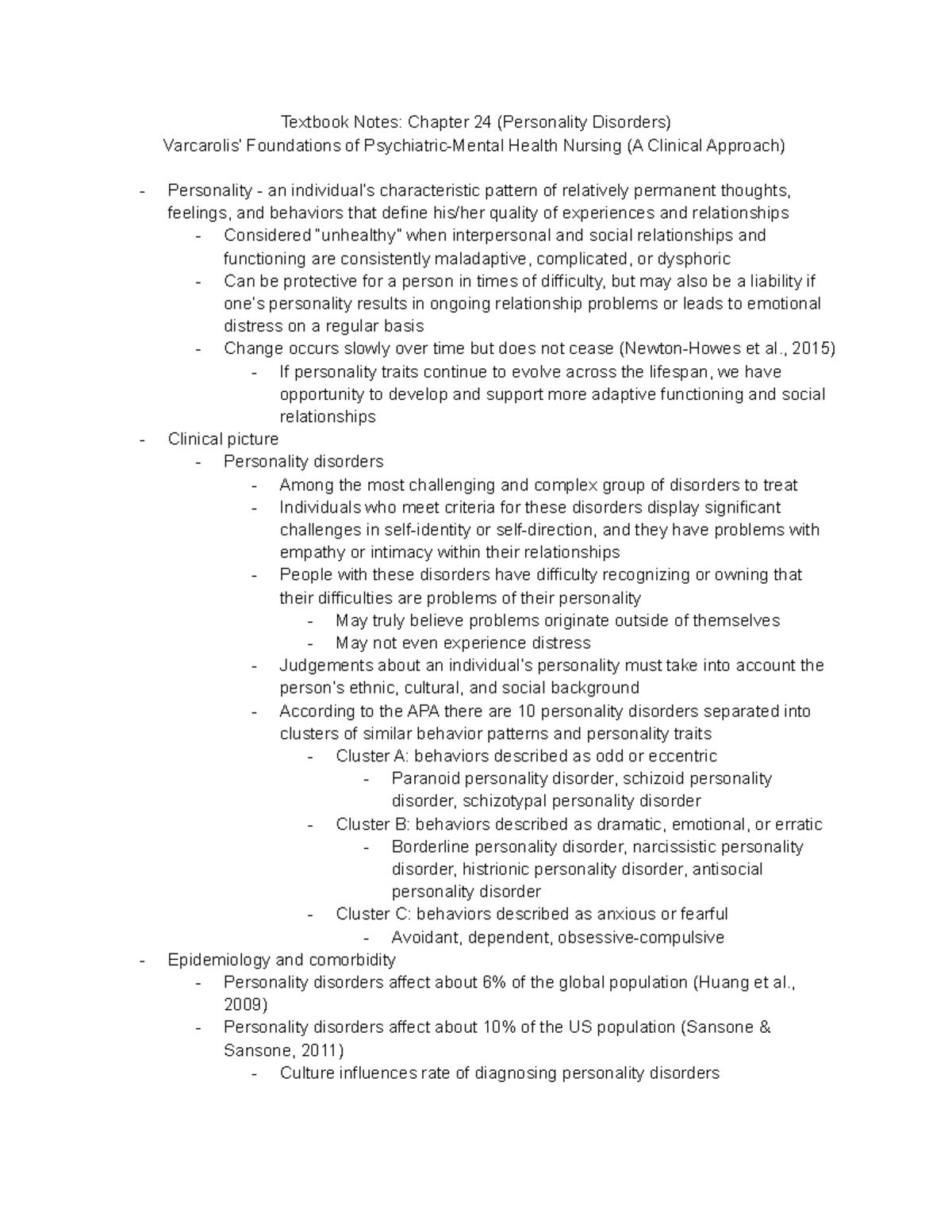 Chapter 24 (Personality Disorders) Review - Textbook Notes: Chapter 24 ...