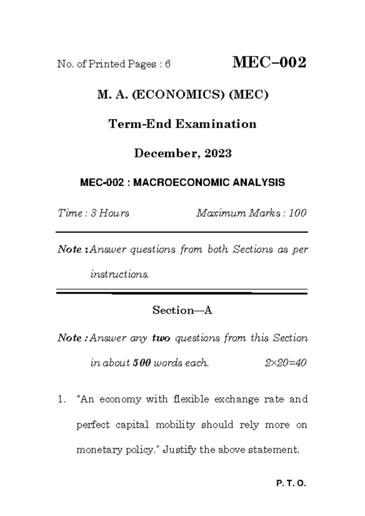 MEC-002 - MEC 002 macroeconomics analysis December 2023 question paper - P. T. O. No. of Printed ...