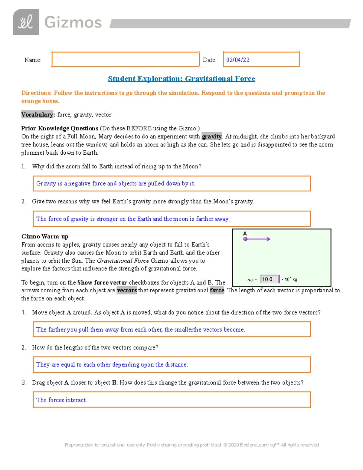 Gravitational Force SE - Name: Date: 02/04/ Student Exploration ...