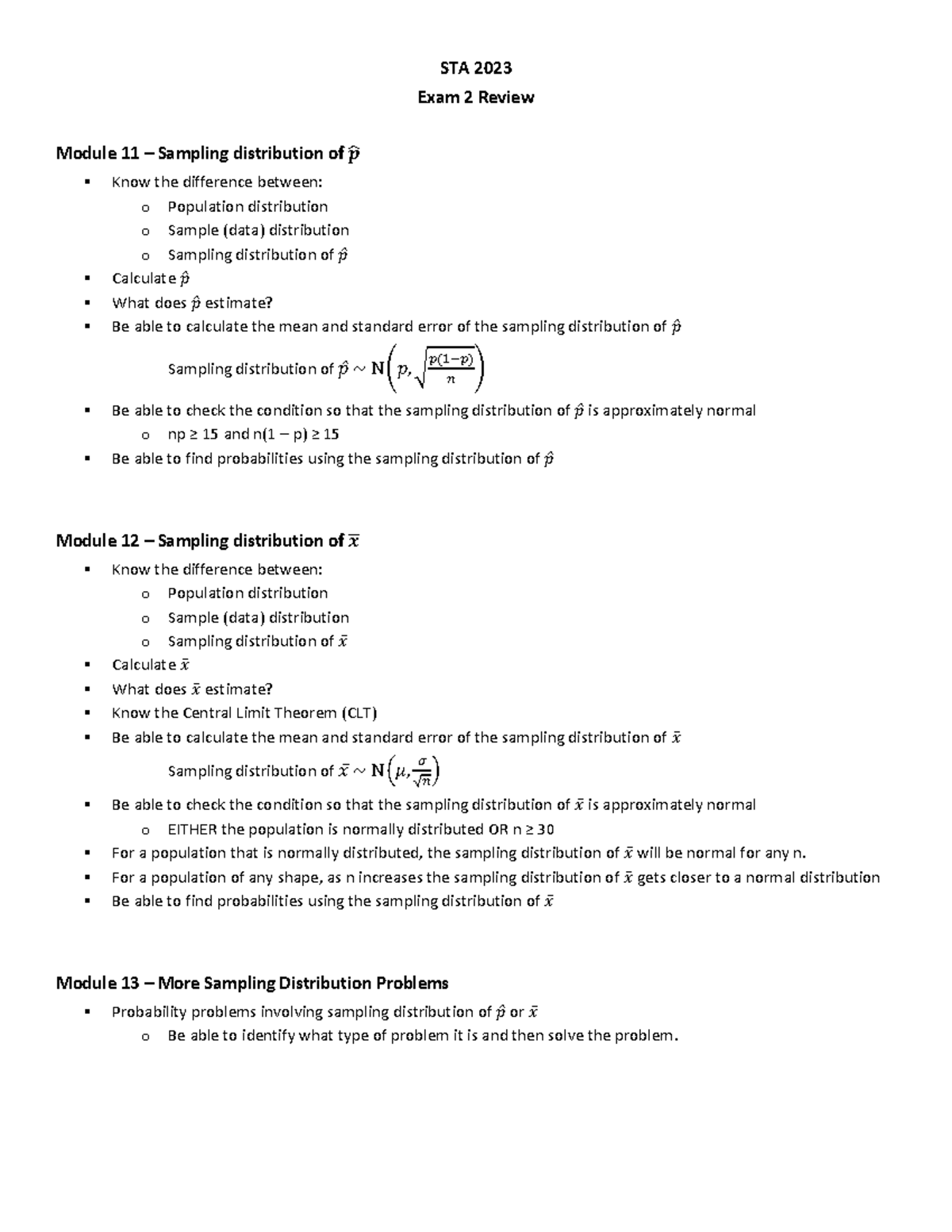 EXAM 2 Review - STA 2023 Exam 2 Review Module 11 – Sampling ...