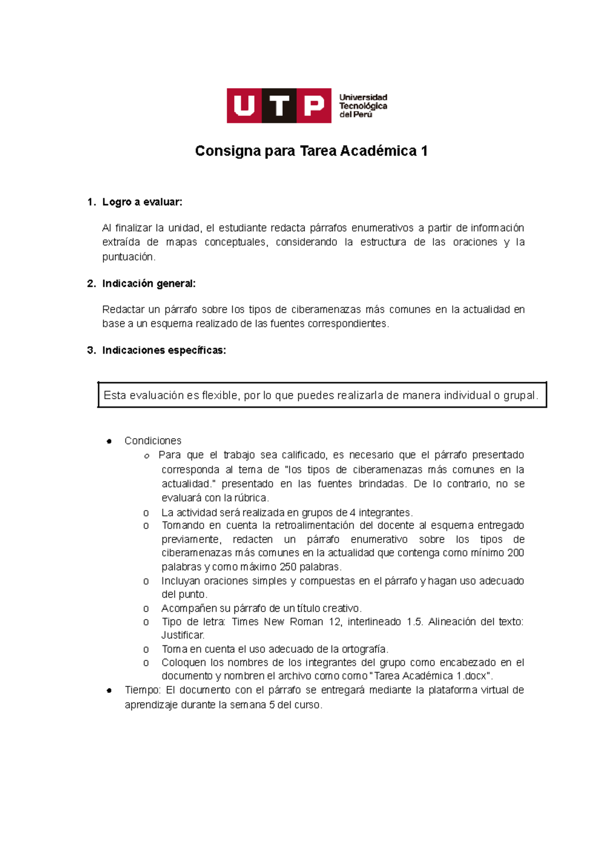 EA X106 TA1Cons - Consigna para Tarea Académica 1 Logro a evaluar: Al finalizar la unidad, el ...