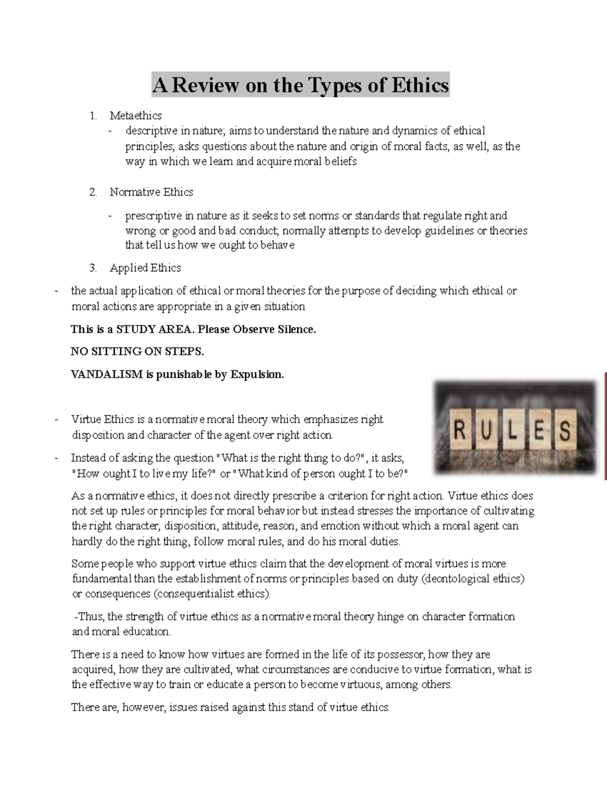 Ethics Lecture Notes 7 (PHILO031) - A Review on the Types of Ethics ...