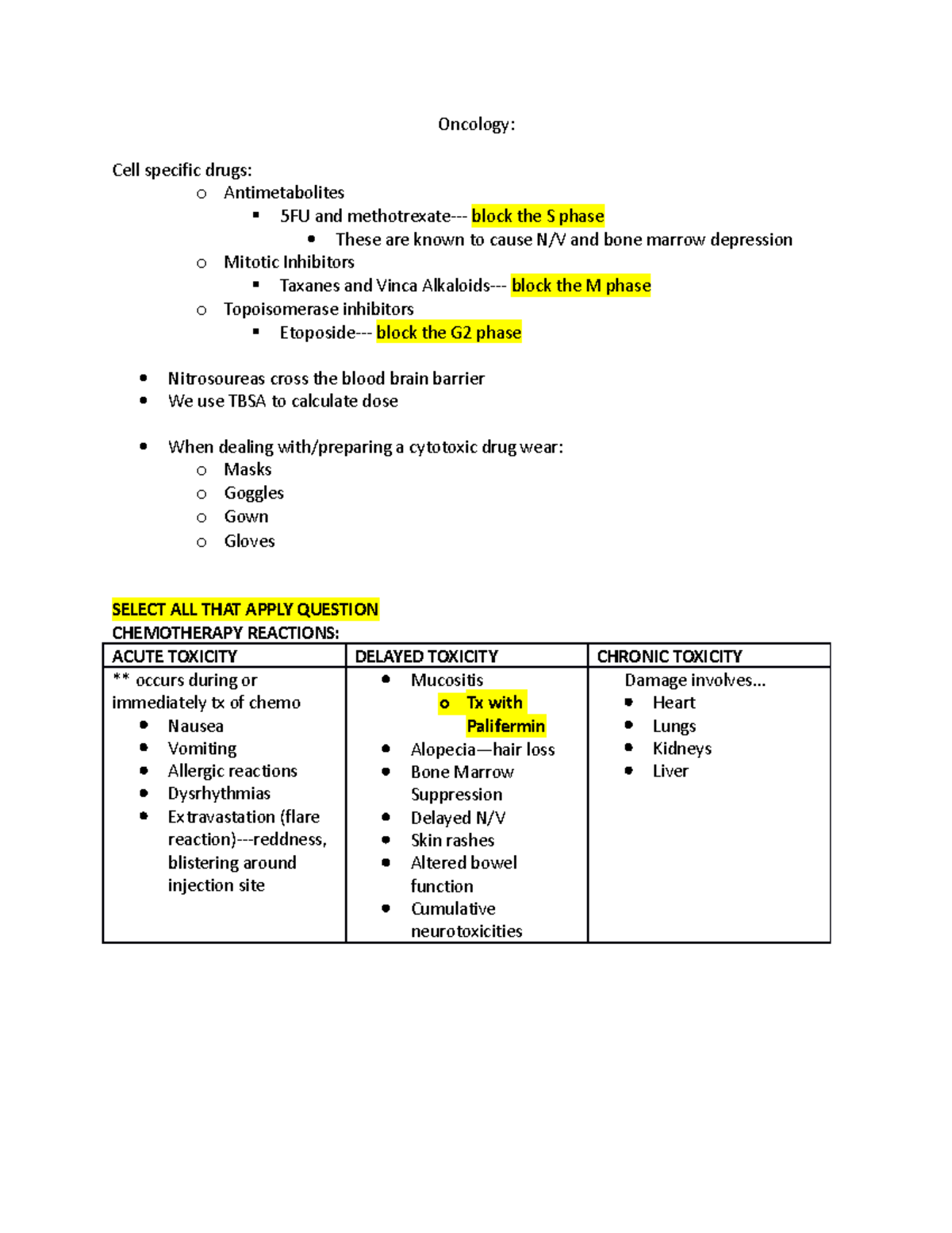 Oncology-Study-Guide - Oncology: Cell specific drugs: o Antimetabolites ...