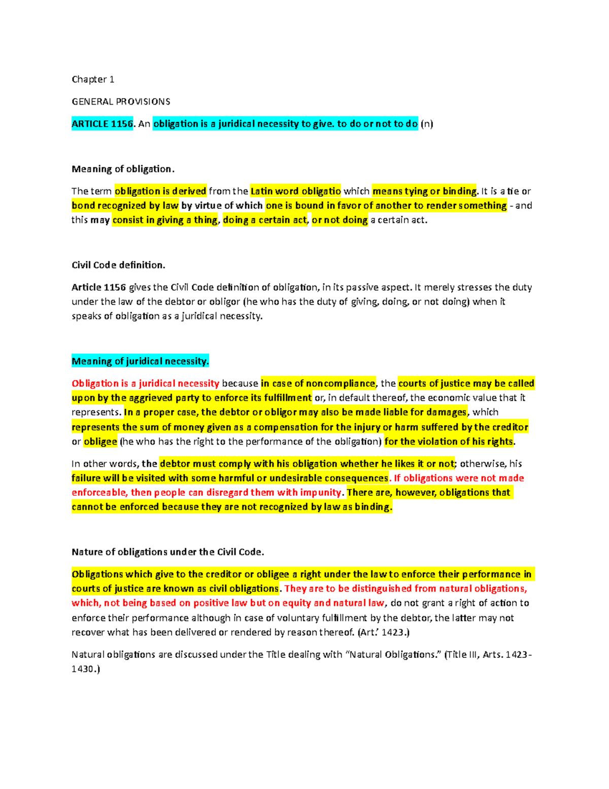 Oblicon Chapter 1 - Chapter 1 GENERAL PROVISIONS ARTICLE 1156. An ...