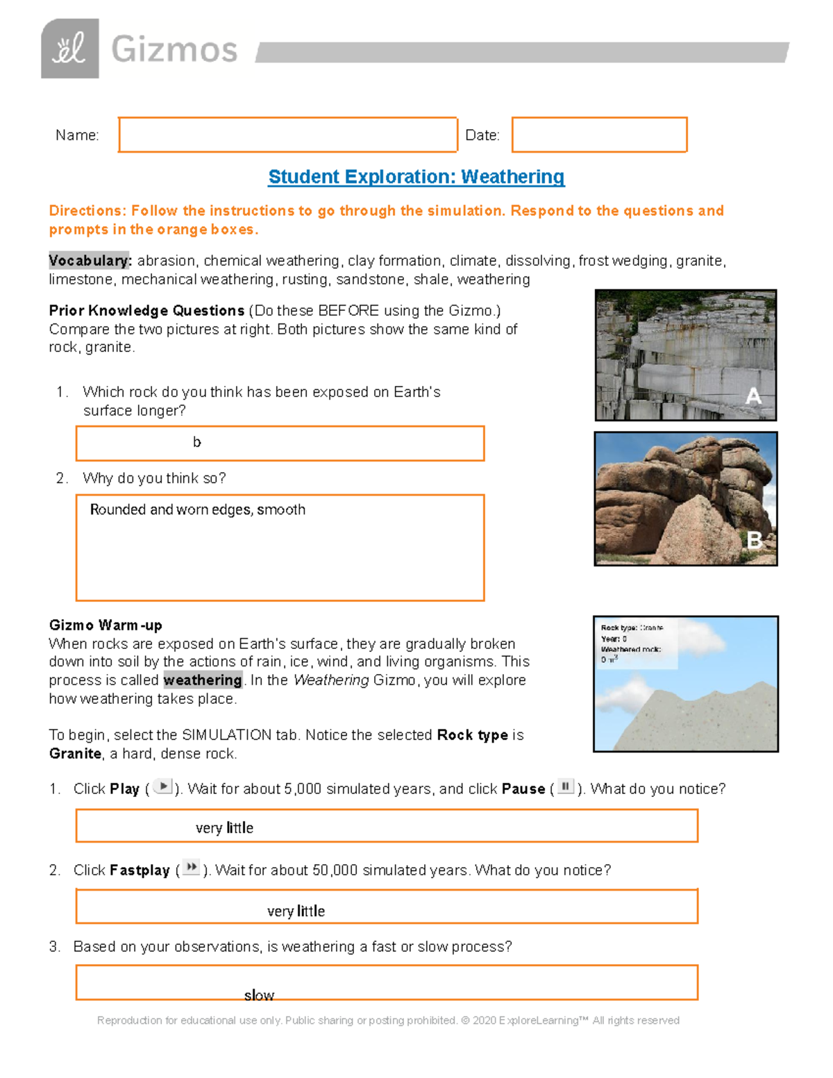 11th grade Weathering SE - Name: Date: Student Exploration: Weathering ...