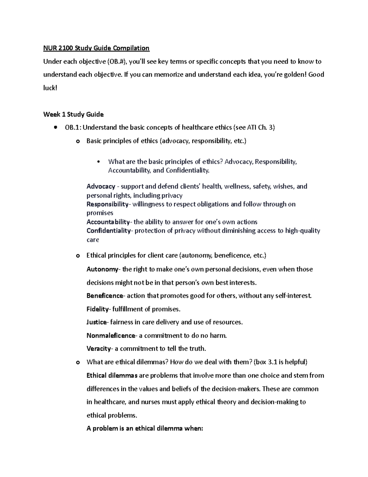 NUR 2100 Study Guide Compilation - NUR 2100 Study Guide Compilation ...