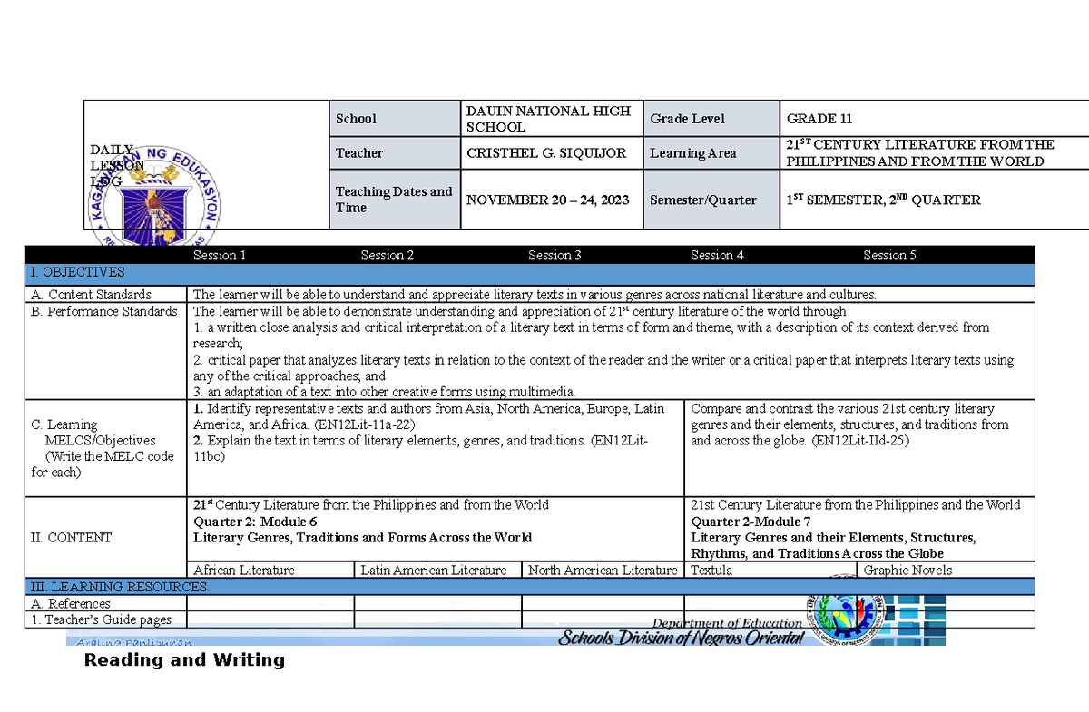 21st Module 6 DLP 02 - Lesson Plan - DAILY LESSON LOG School DAUIN ...