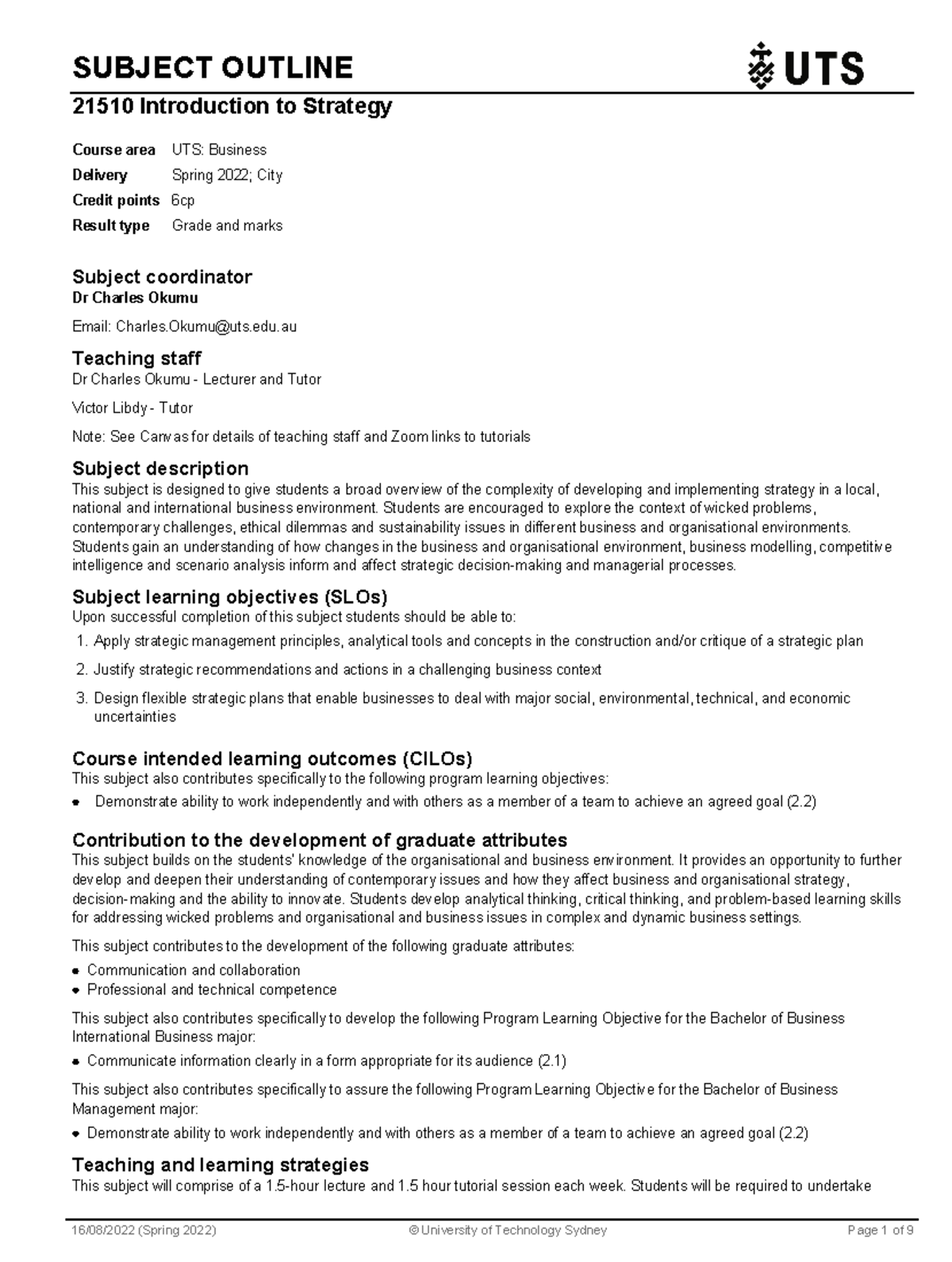 Strat subject outline - SUBJECT OUTLINE 21510 Introduction to Strategy ...