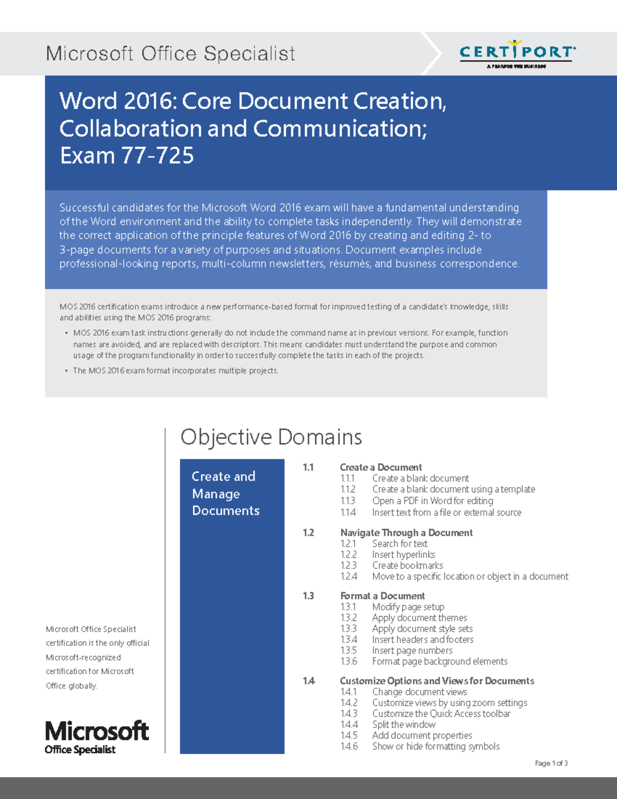 MOS Word 2016 Objectives - Page 1 of 3 Word 2016: Core Document ...