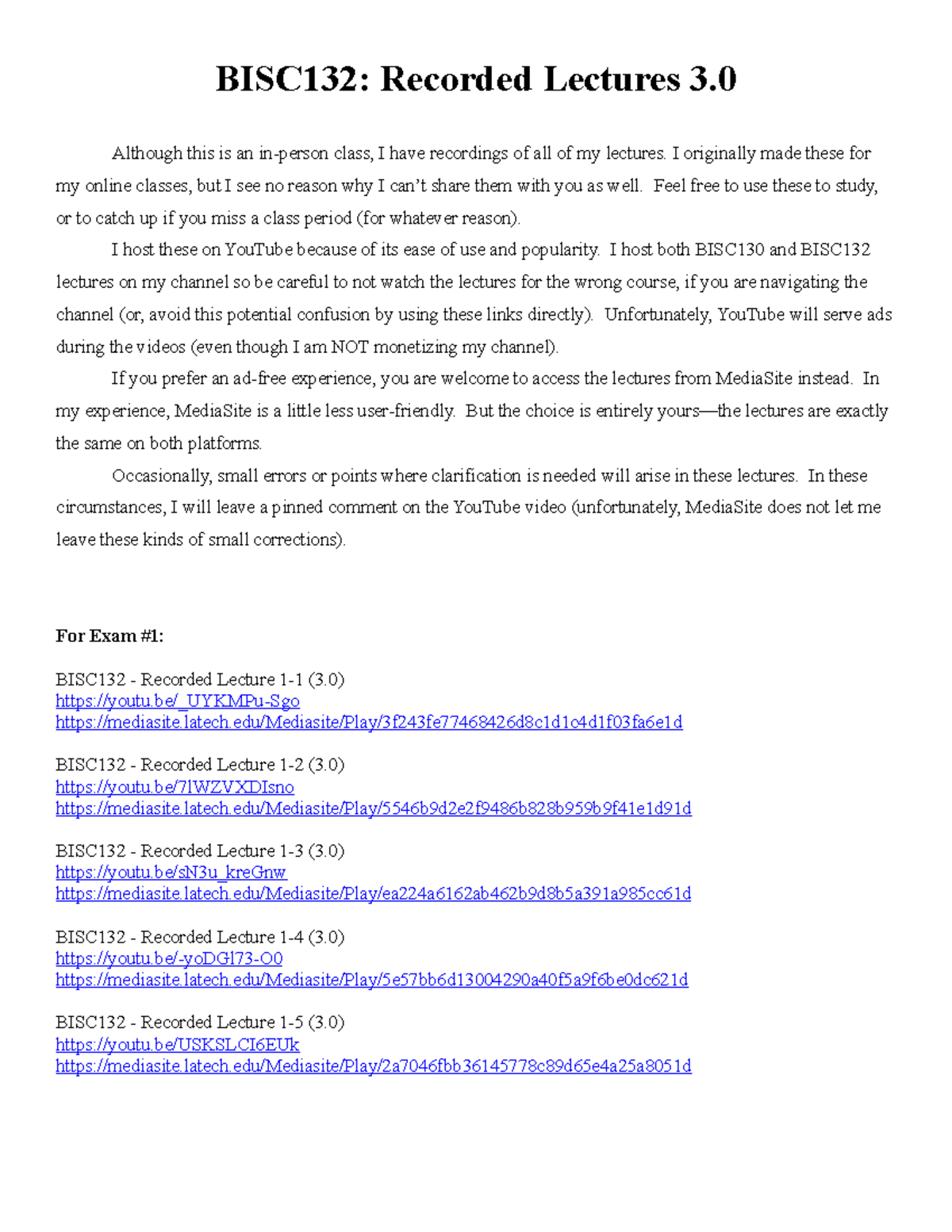 BISC132 - Links to Recorded Lectures 3 - BISC132: Recorded Lectures 3 ...