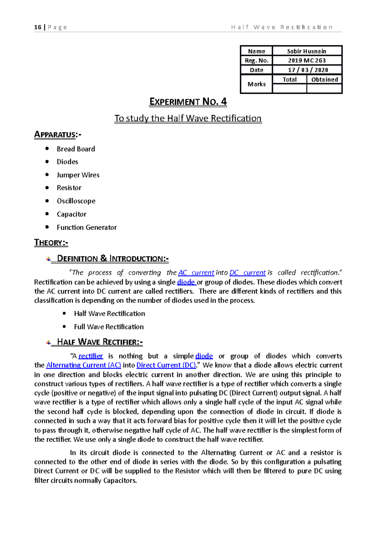 Experiment 4 (Half Wave Rectification) - Name Sabir Husnain Reg. No ...