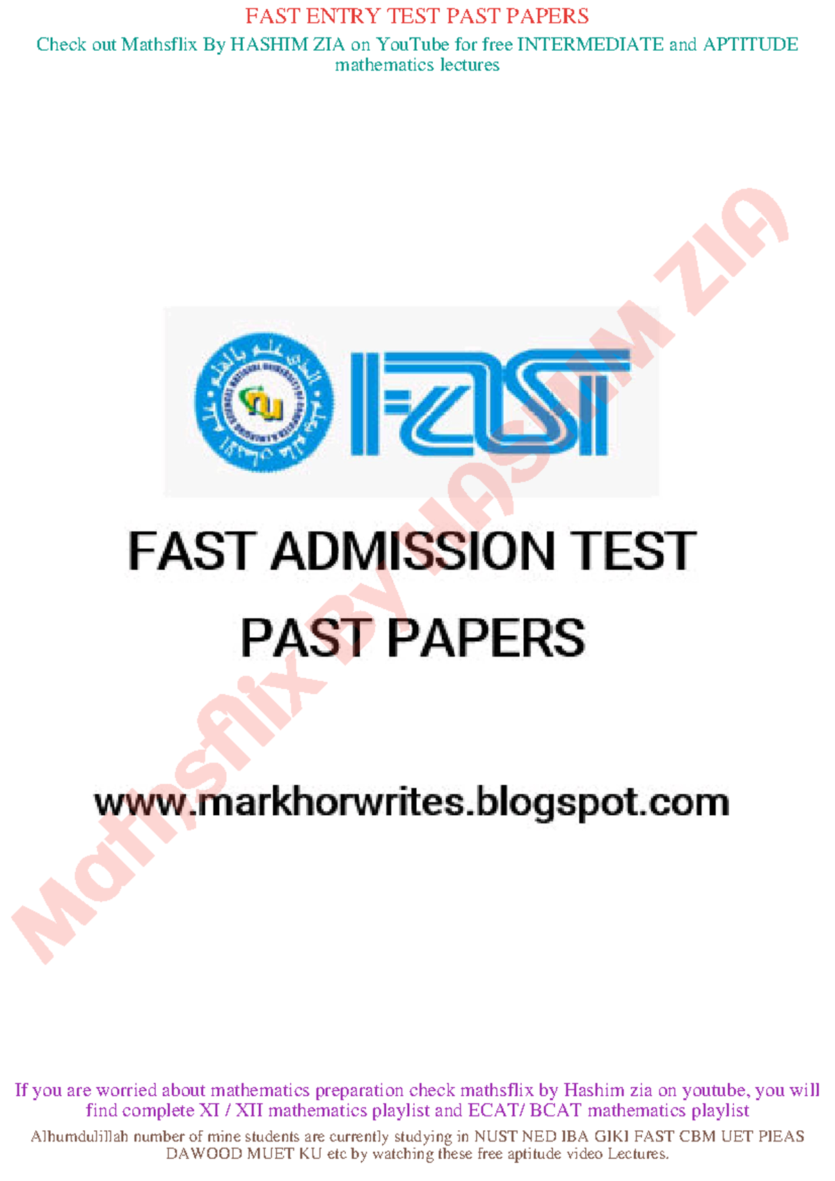 FAST Entry TEST PAST Papers - Mathsflix By HASHIM ZIA Check out ...
