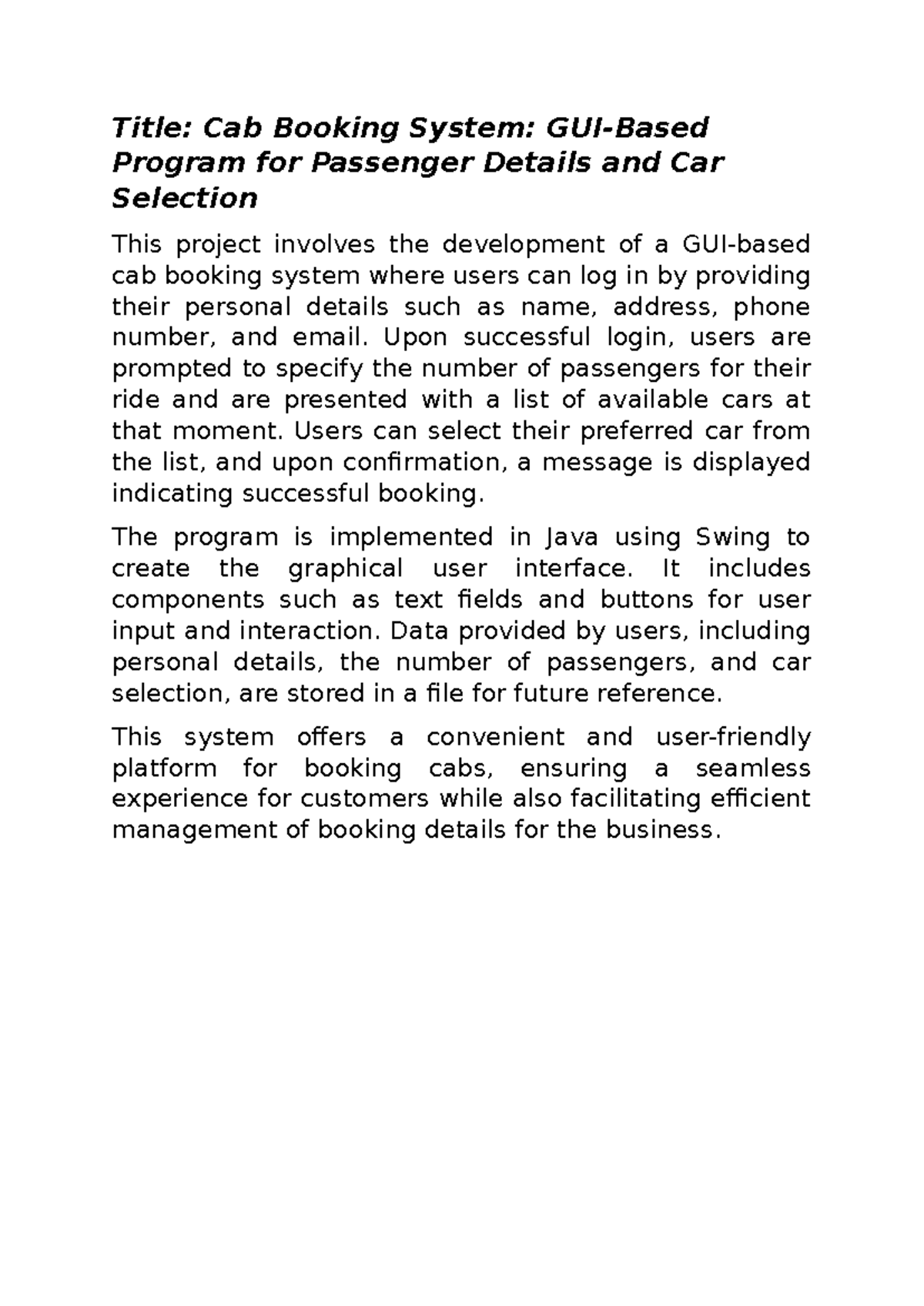Java project abstruct - Title: Cab Booking System: GUI-Based Program ...