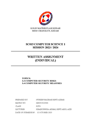 Draft asgn snc - Study material - KOLEJ MATRIKULASI KEDAH 06010 CHANGLUN, KEDAH SC015 COMPUTER ...