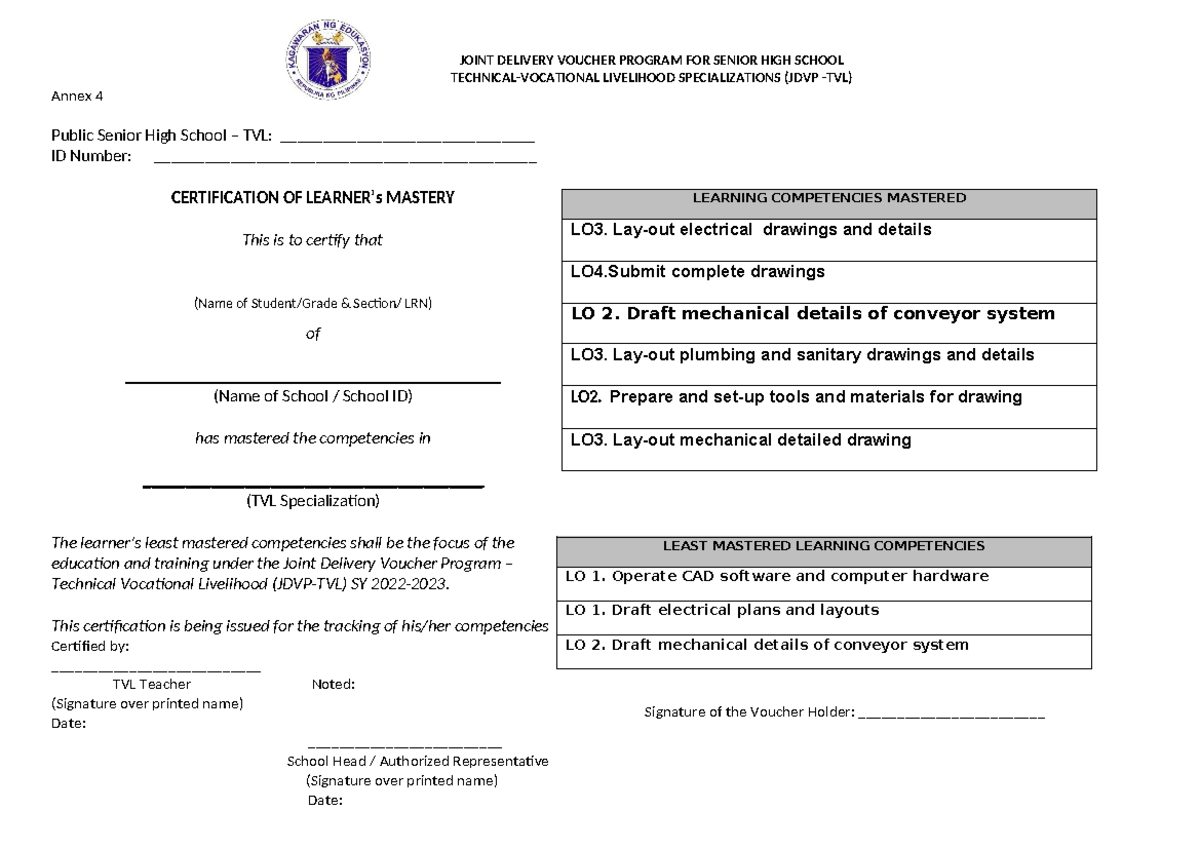 Annex 4 JDVP Certificate of Learners Mastery - JOINT DELIVERY VOUCHER ...