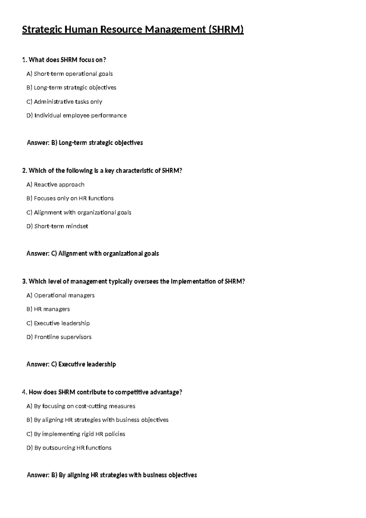 Strategic Human Resource Management 10 MCQ Question and Answers for MBA ...