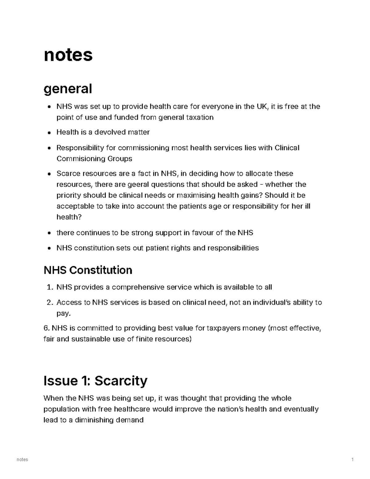 Resource allocation notes - notes general NHS was set up to provide ...