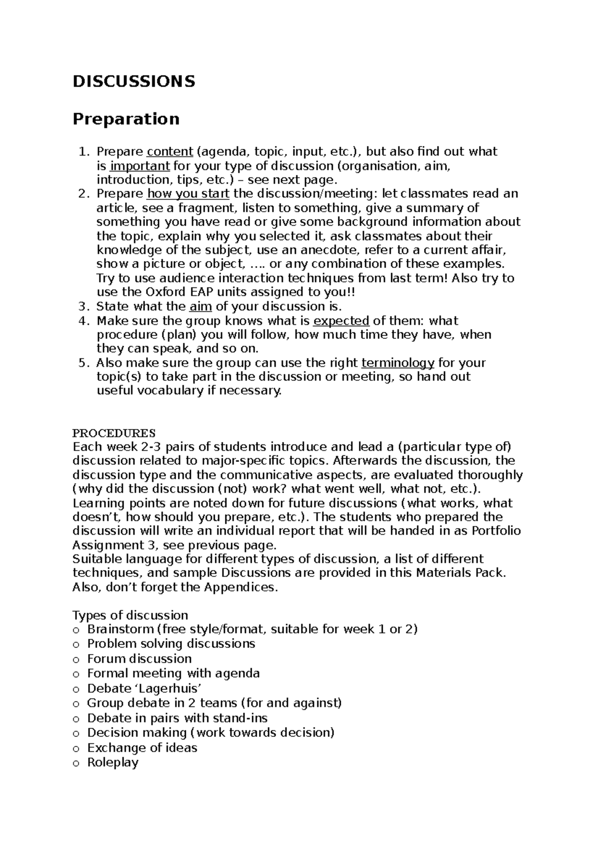 Discussions- Types and procedures - DISCUSSIONS Preparation Prepare ...