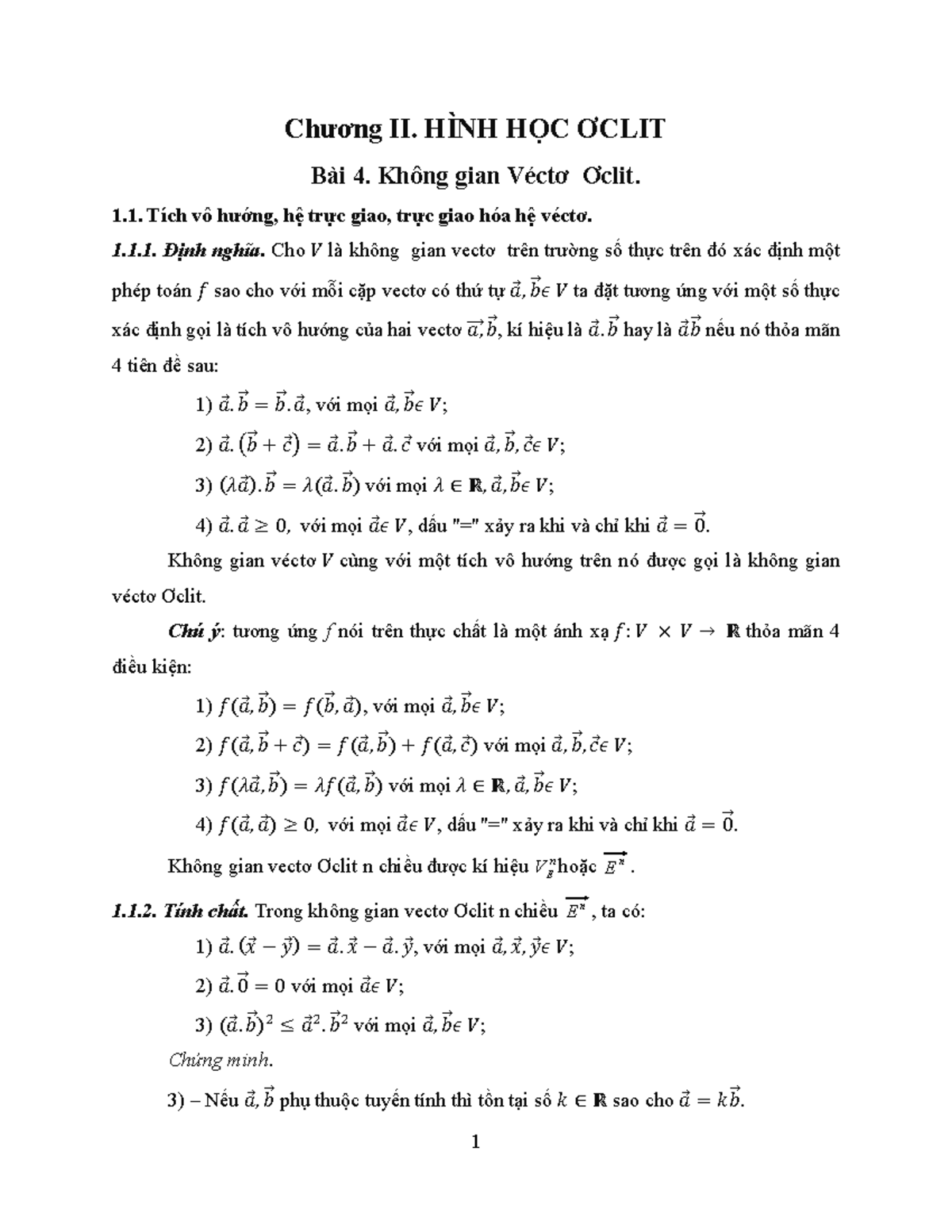 HH ƠCLIT 2 - hhtt - Chương II. HÌNH HỌC ƠCLIT Bài 4. Không gian Véctơ ...