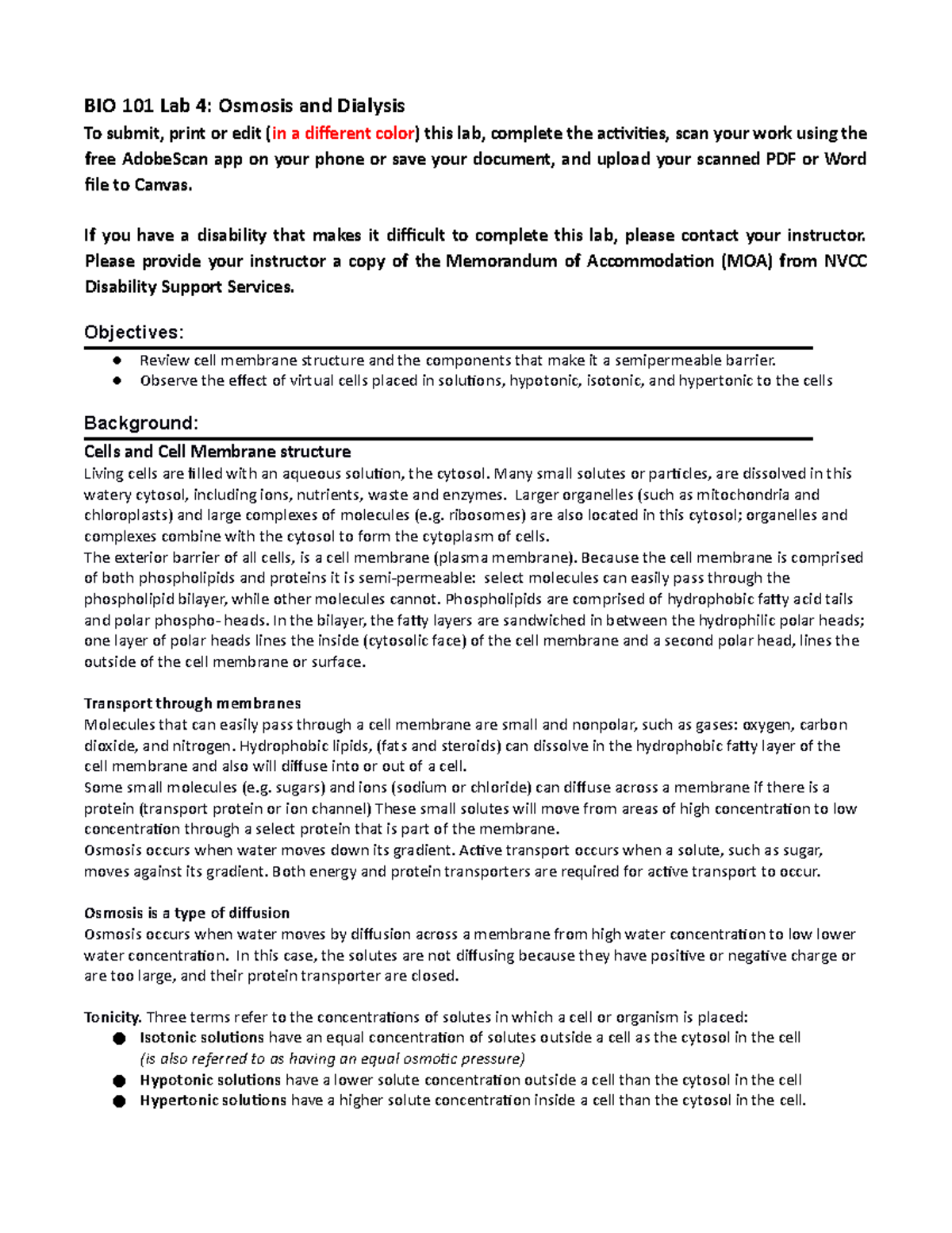 BIO 101 Lab 4, Osmosis and Dialysis - BIO 101 Lab 4: Osmosis and ...