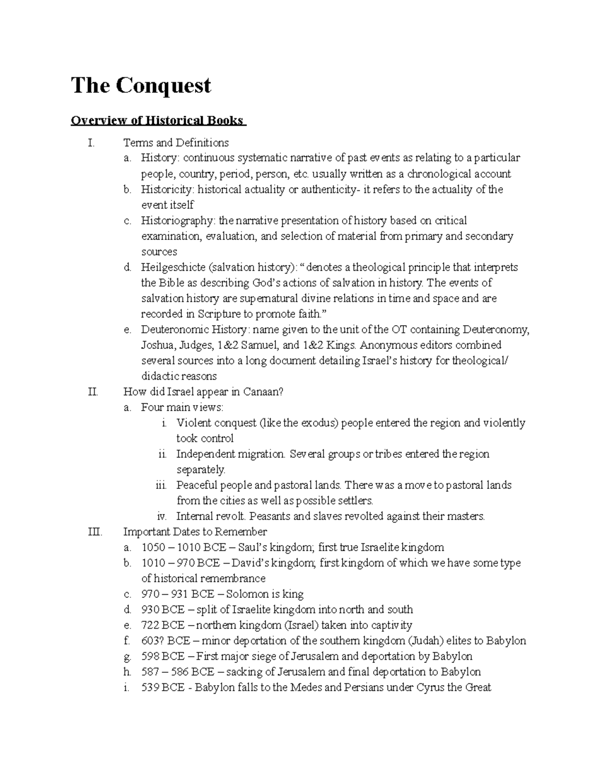 OT Notes Topic 4 - The Conquest Overview of Historical Books I. II ...