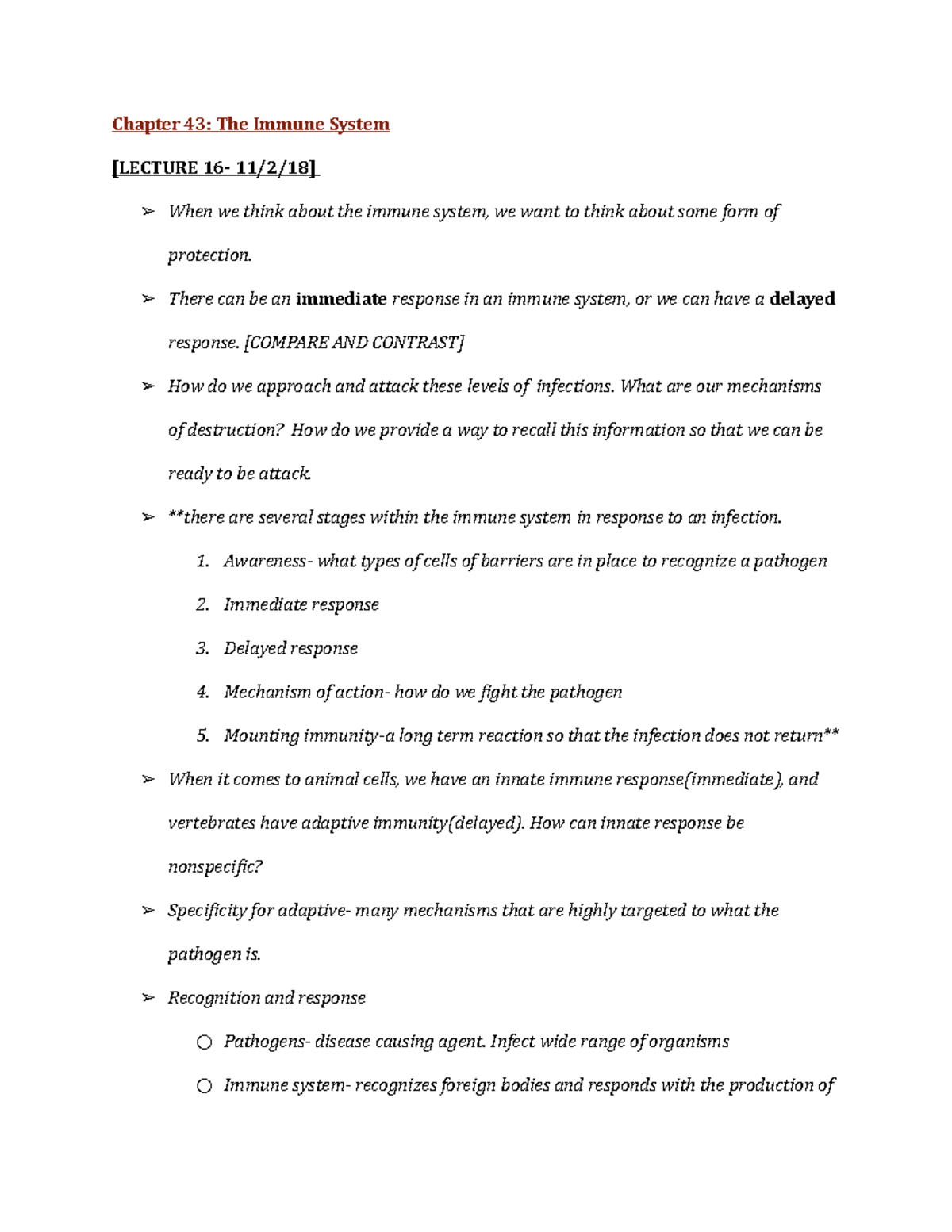 Chapter 43 Lecture Notes - Chapter 43: The Immune System [LECTURE 16 ...