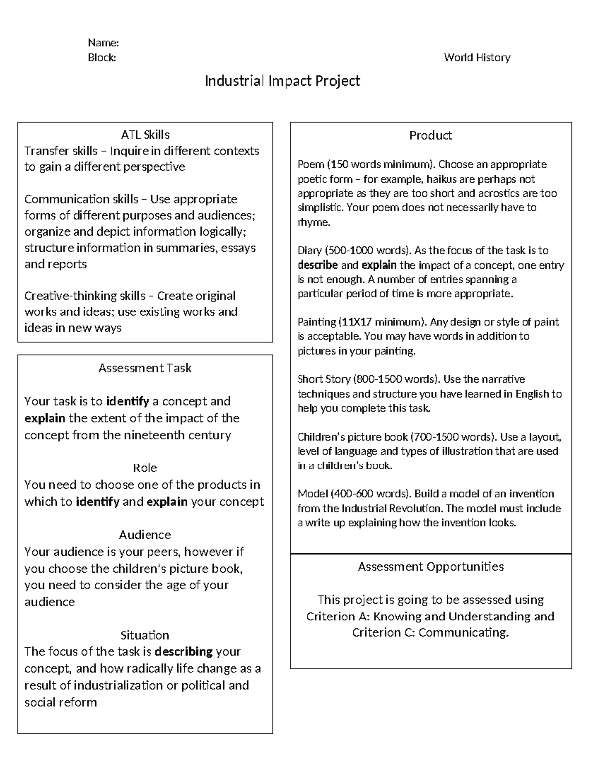 Industrial Impact Project-2024 Update - Name: Block: World History ...