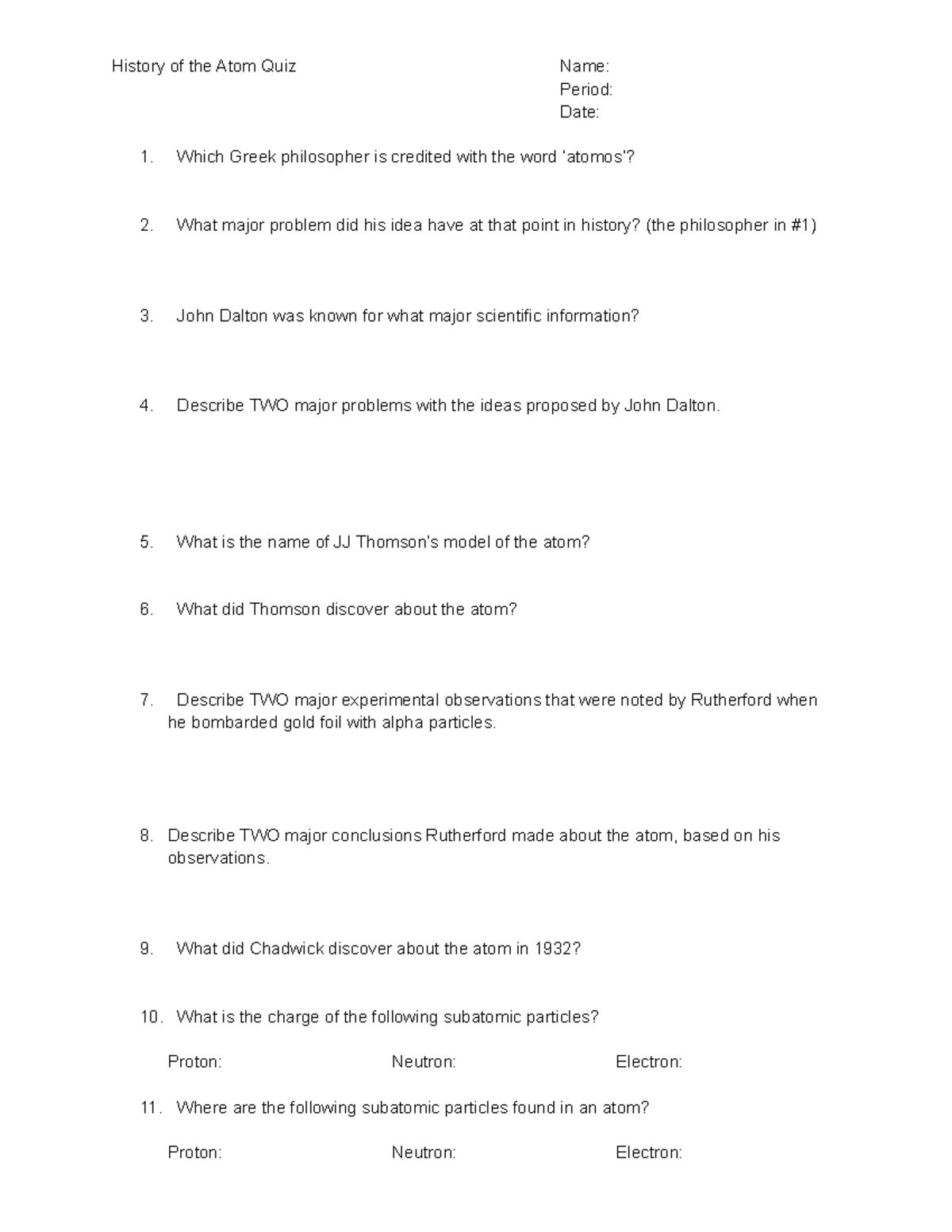 Advanced History of the Atom Quiz - History of the Atom Quiz Name ...