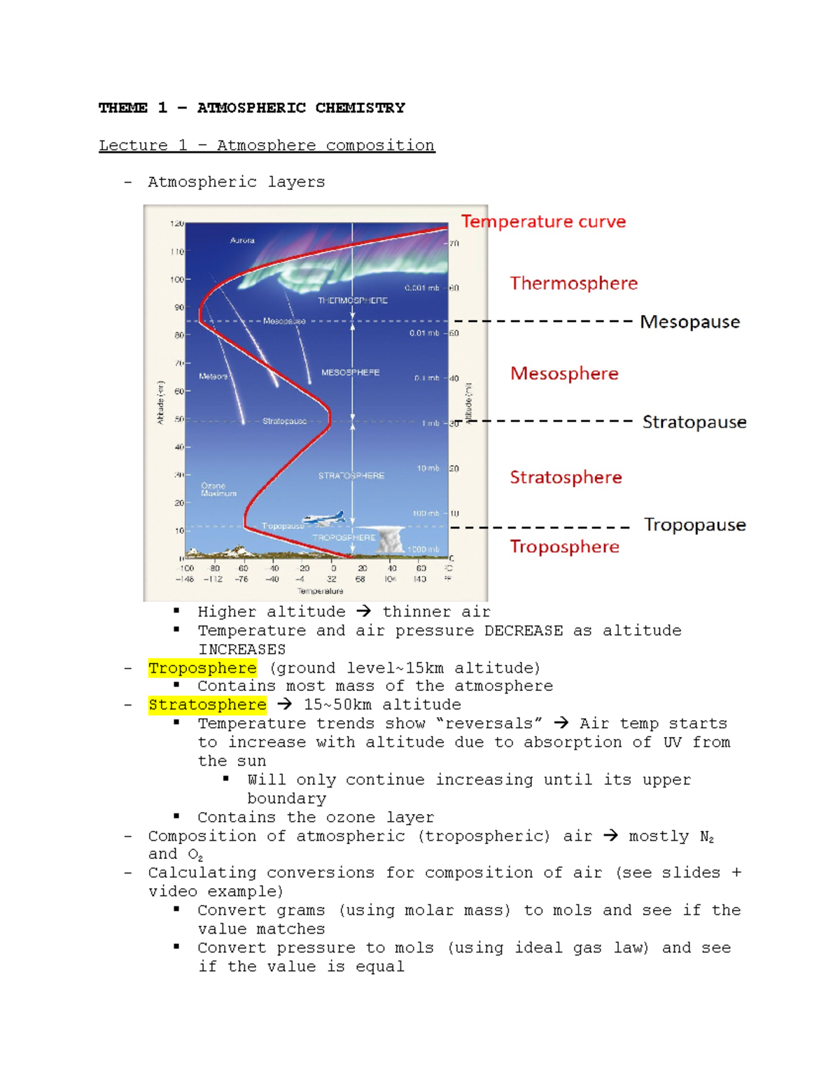Theme 1 notes - THEME 1 – ATMOSPHERIC CHEMISTRY Lecture 1 – Atmosphere ...