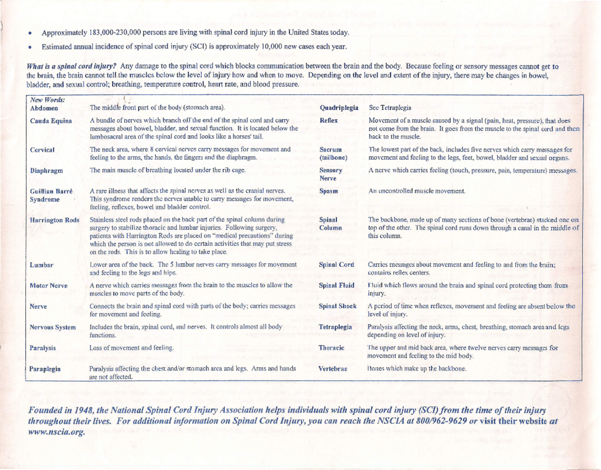 Spinal Cord injury functional chart - • Approximately 183,000-230,000 ...