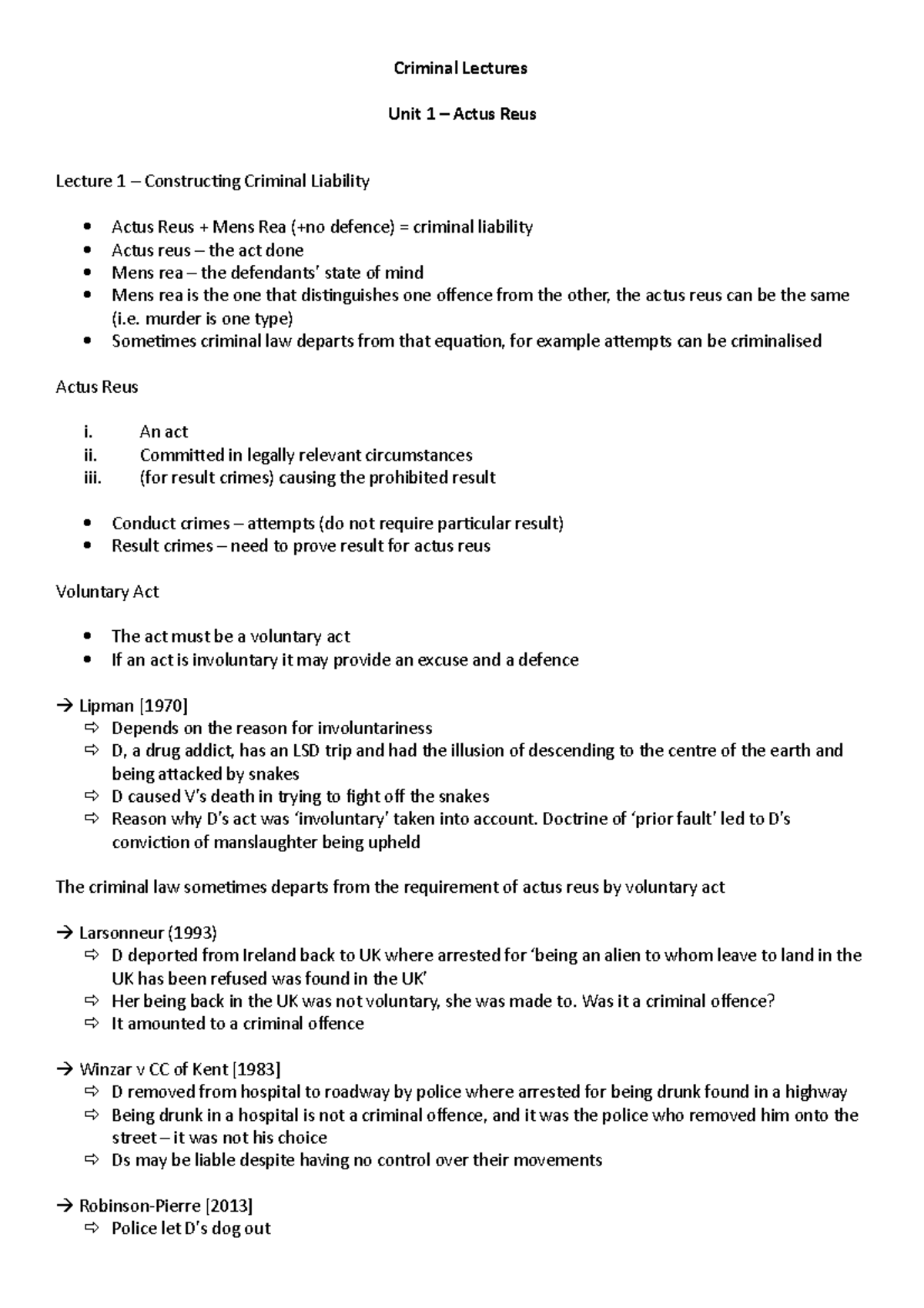 Criminal Lectures Official - Criminal Lectures Unit 1 – Actus Reus ...