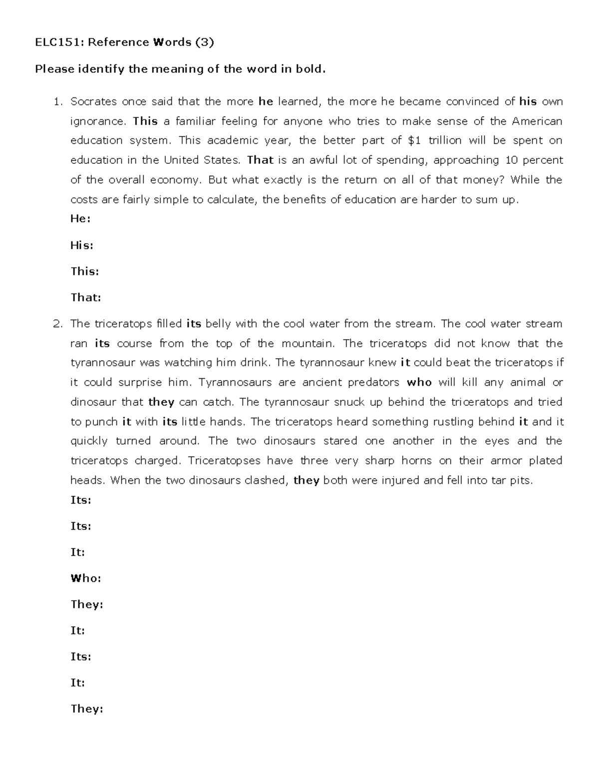 Reference Words Practice for Reading 3 - ELC151: Reference Words (3 ...
