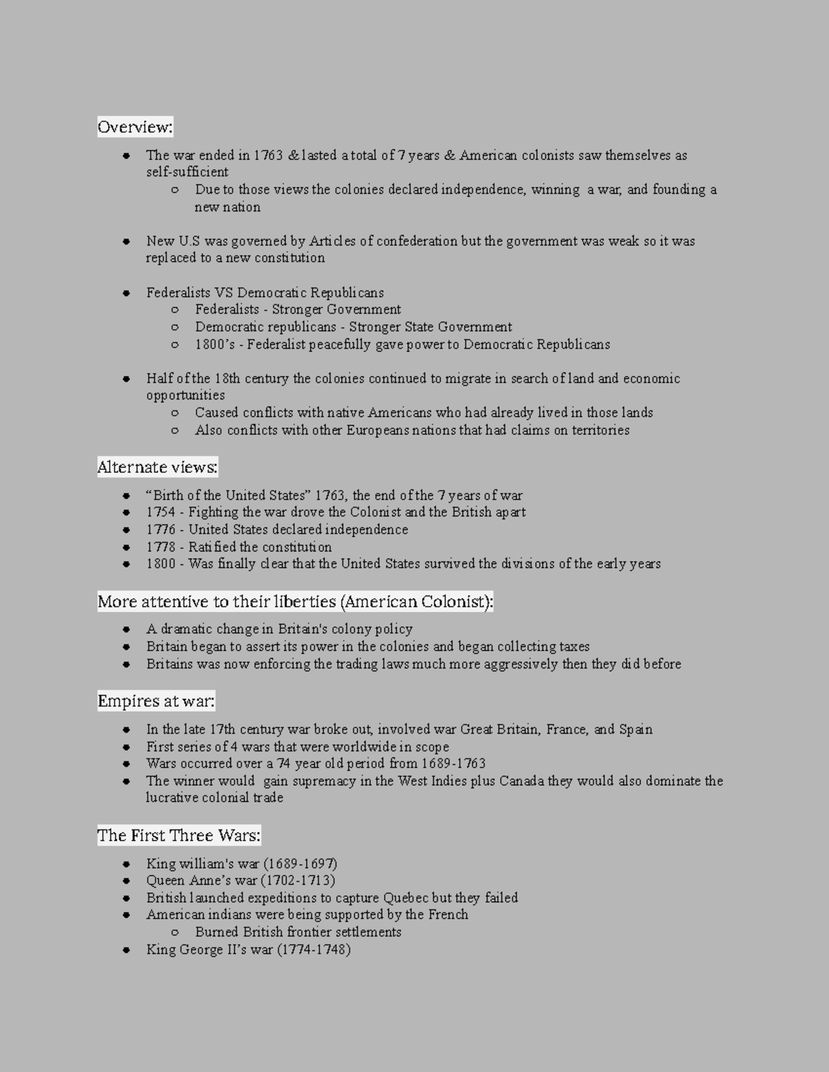 Period 3 1754-1800 - NOTES - Overview: The war ended in 1763 & lasted a ...