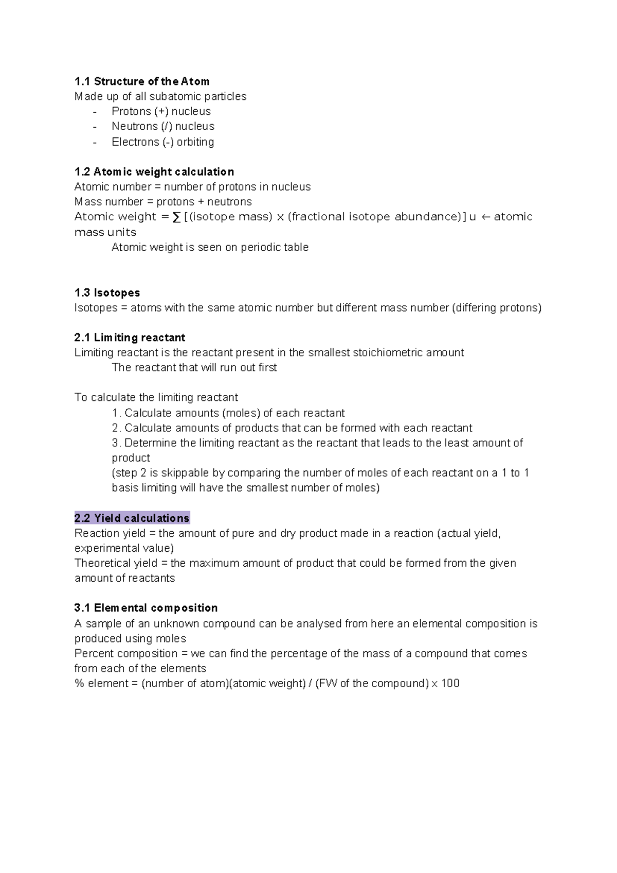 Chemisty summary sheet - 1 Structure of the Atom Made up of all ...