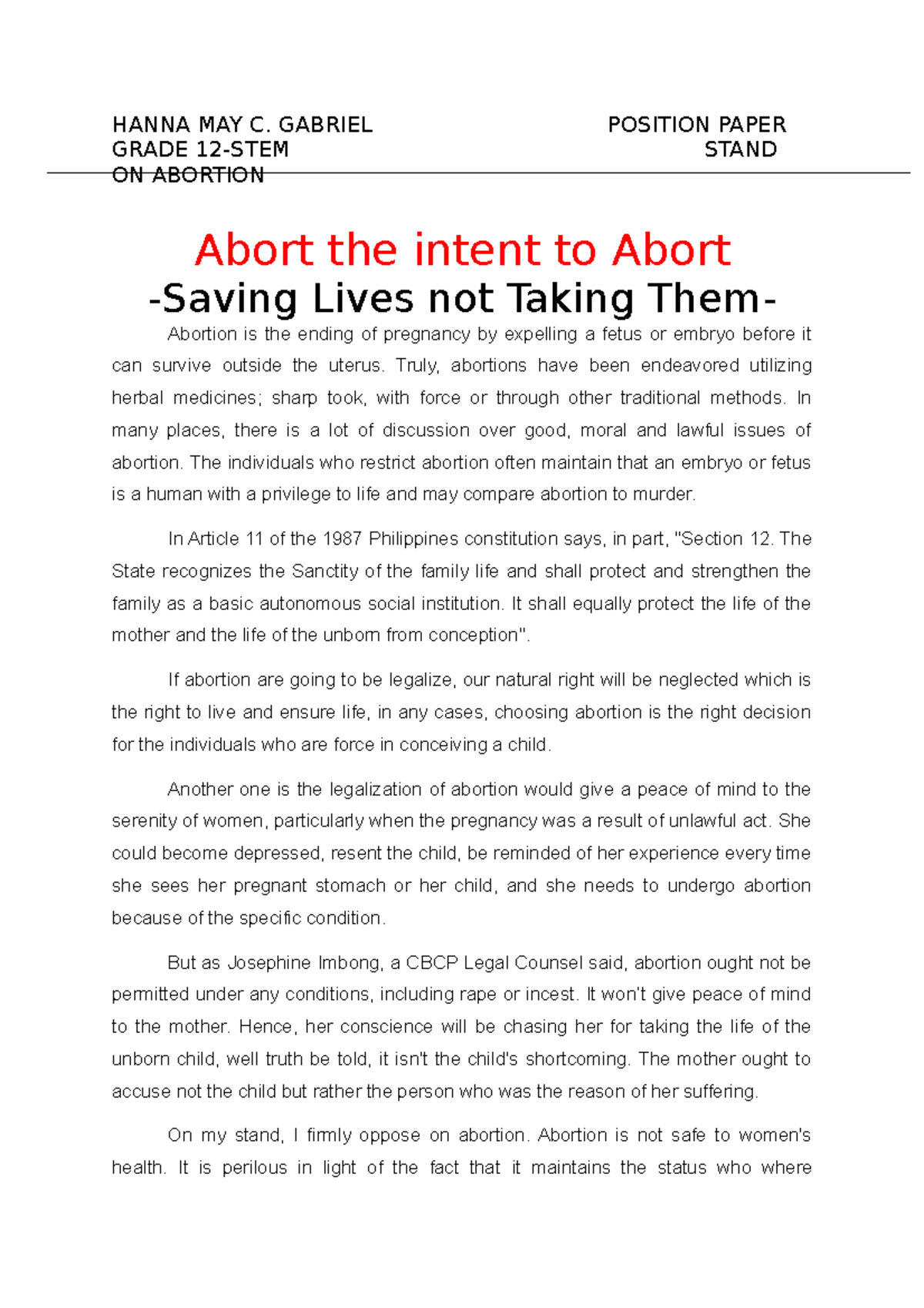 Position Paper Abortion - HANNA MAY C. GABRIEL POSITION PAPER GRADE 12 ...