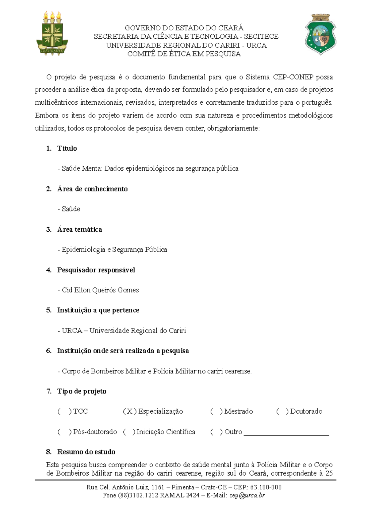 Modelo DE Projeto PARA Apresentacao AO CEP 1 - SECRETARIA DA CIÊNCIA E ...