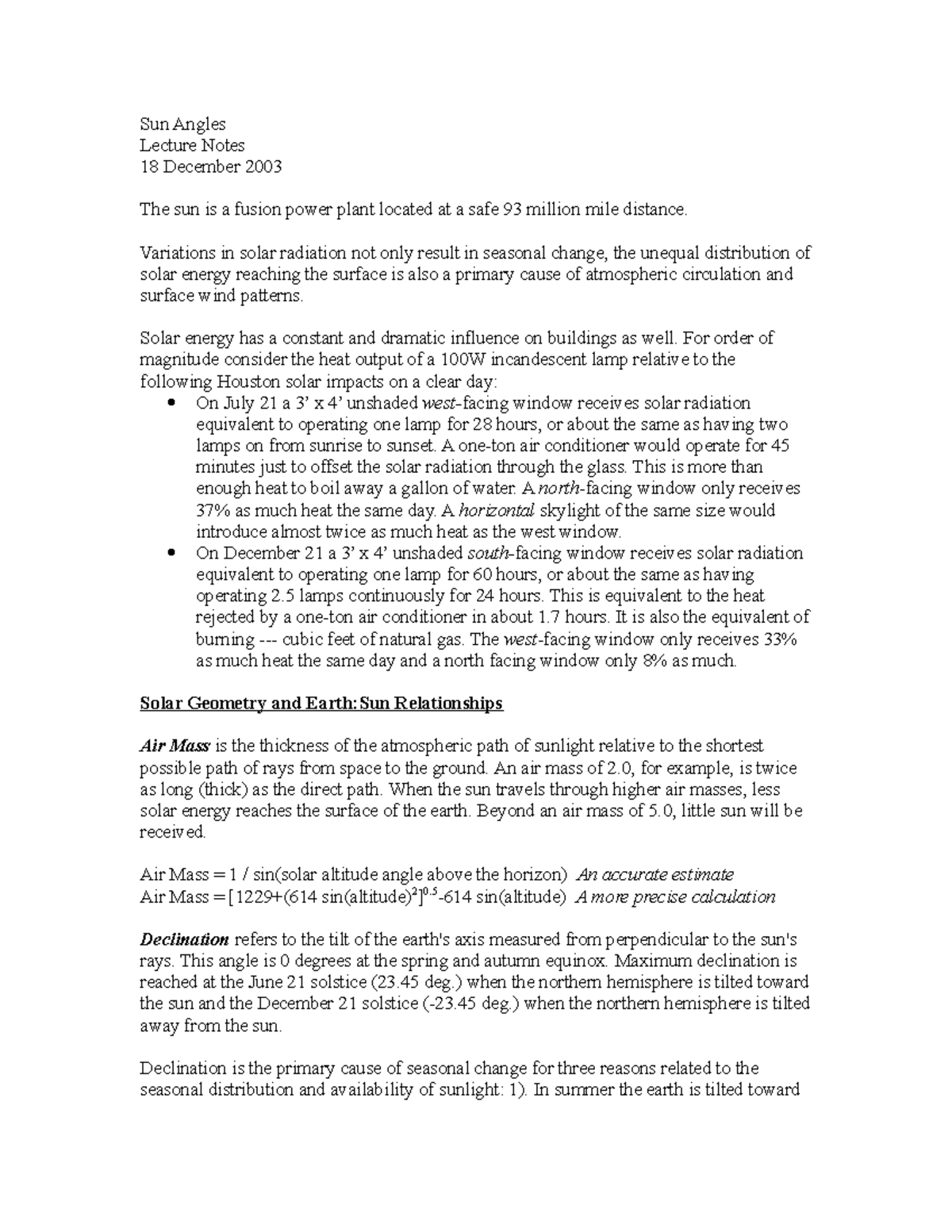 Sun Angles Notes - variation on solar radiation - Sun Angles Lecture ...