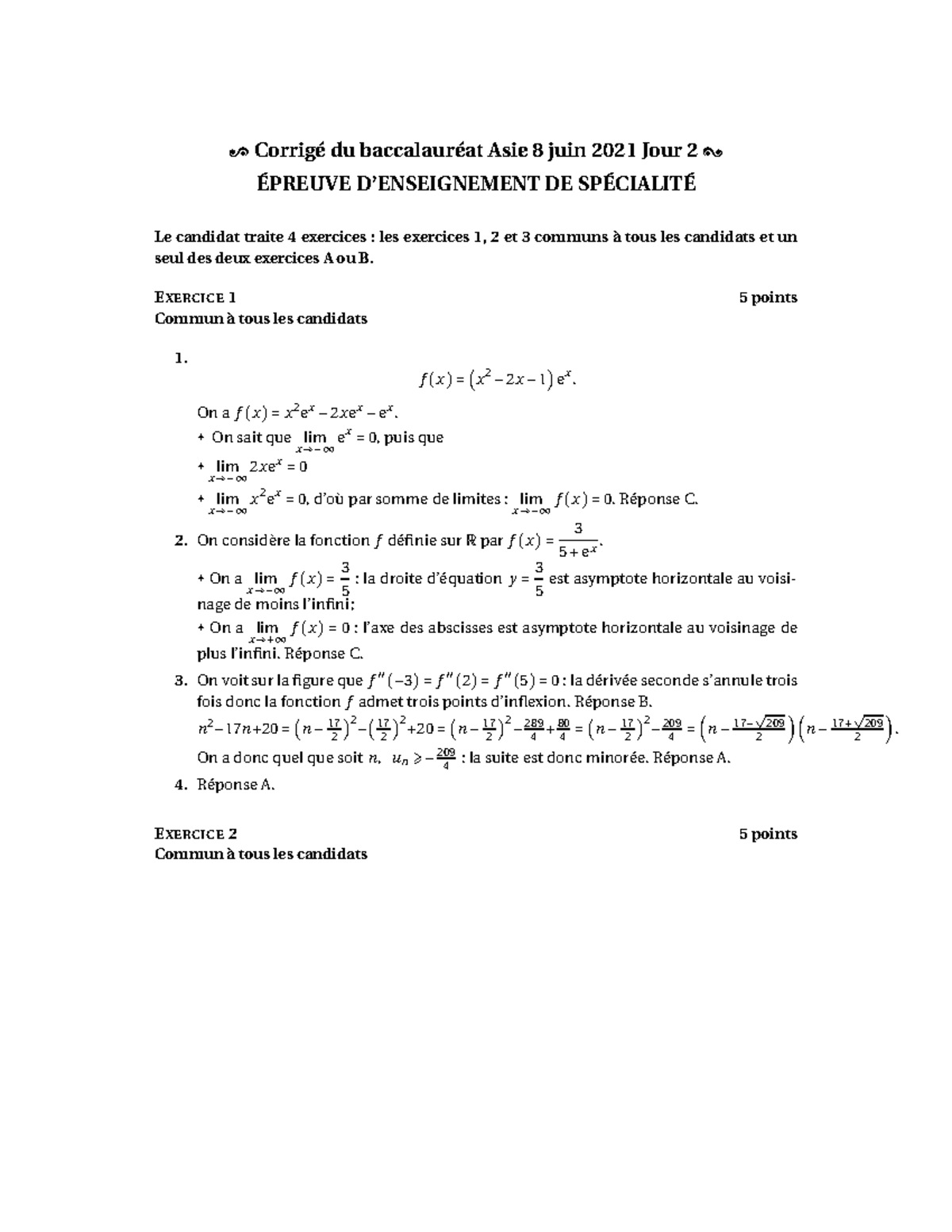 Corrige spécialité Maths BAC Asie 2021 - ; Corrigé du baccalauréat Asie ...