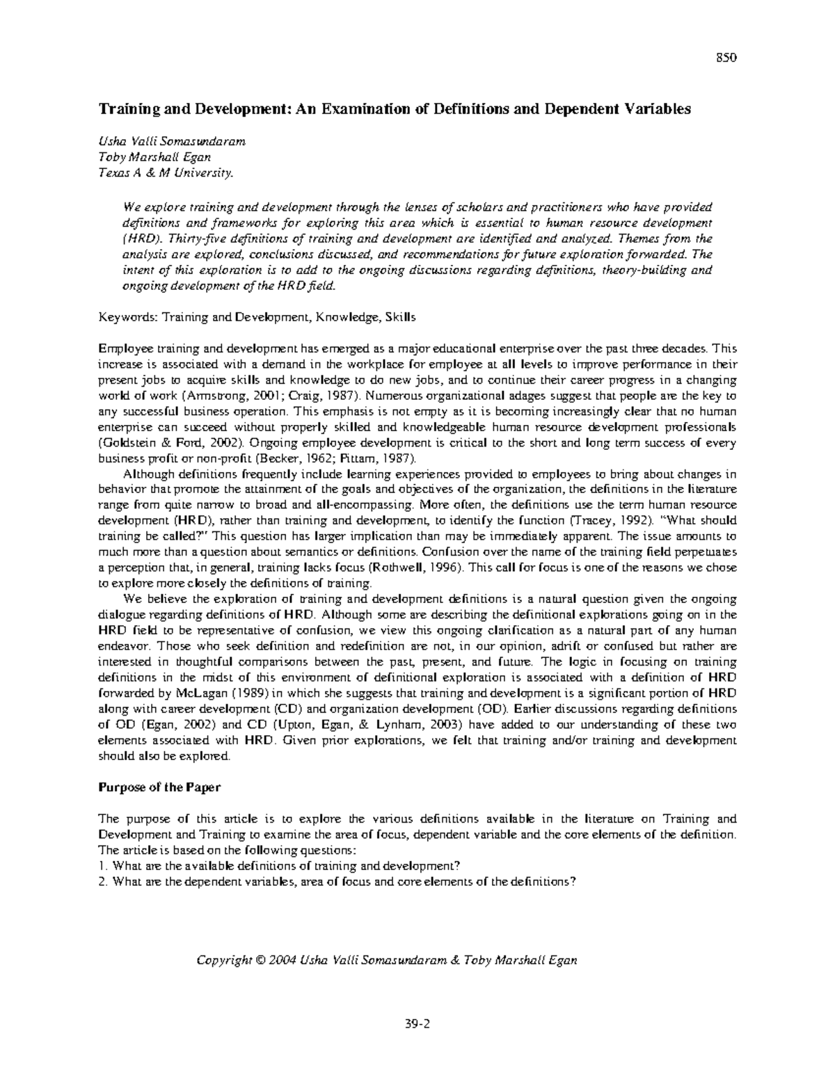 Training and Development An Examination of Definitions and Dependent ...