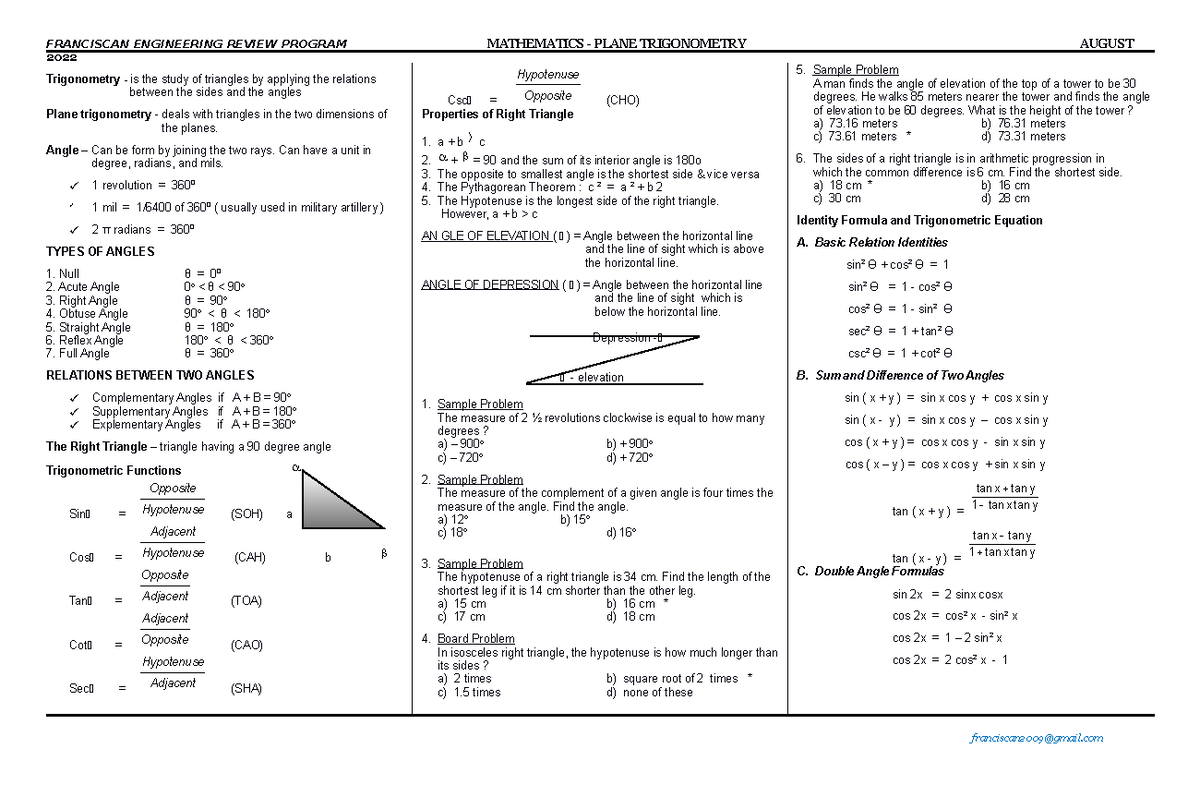 Plane Trigonometry HAND OUT - 2022 Trigonometry - is the study of ...