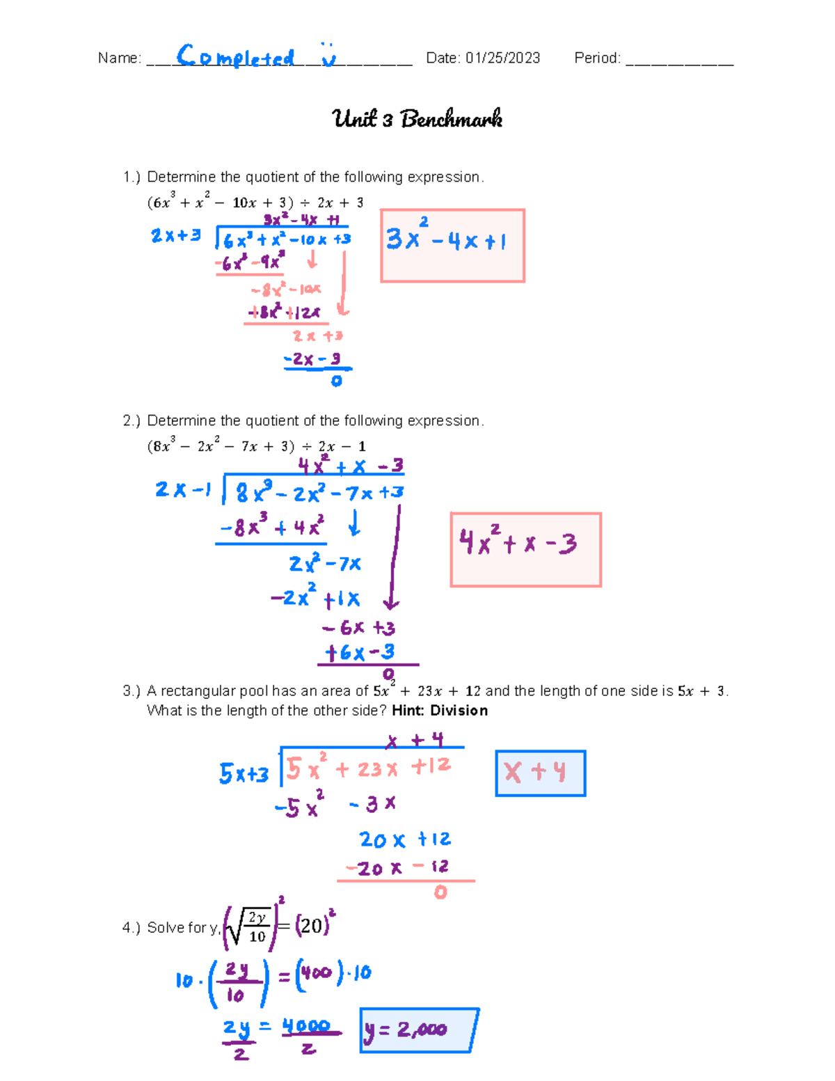 Completed Unit 3 Benchmark Algebra 2 Trig - Name ...