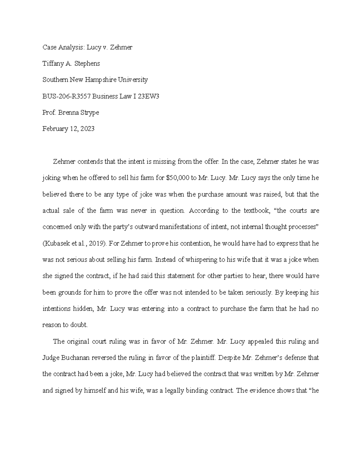 Case Analysis Lucy v. Zehmer - Case Analysis: Lucy v. Zehmer Tiffany A ...