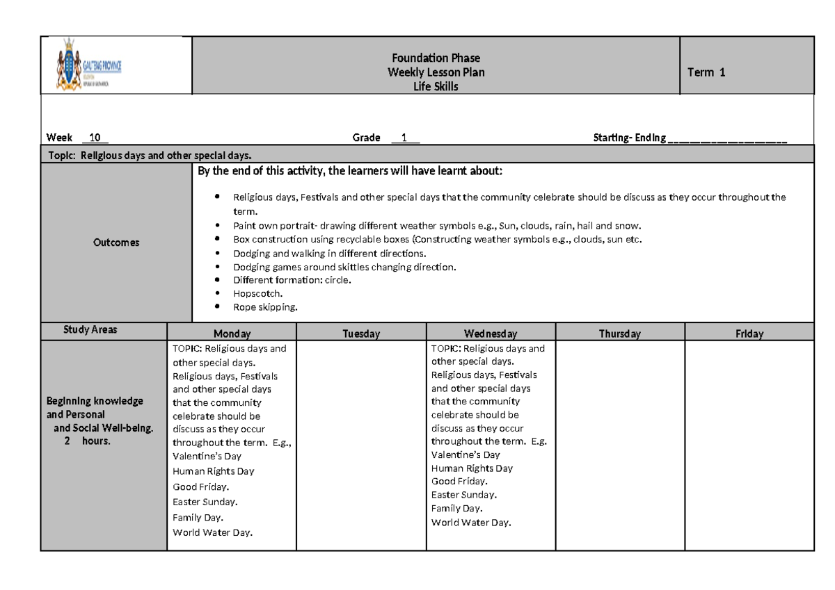 Grade 1 TERM 1 Lifeskills Lesson PLAN WEEK 10 - Foundation Phase Weekly ...