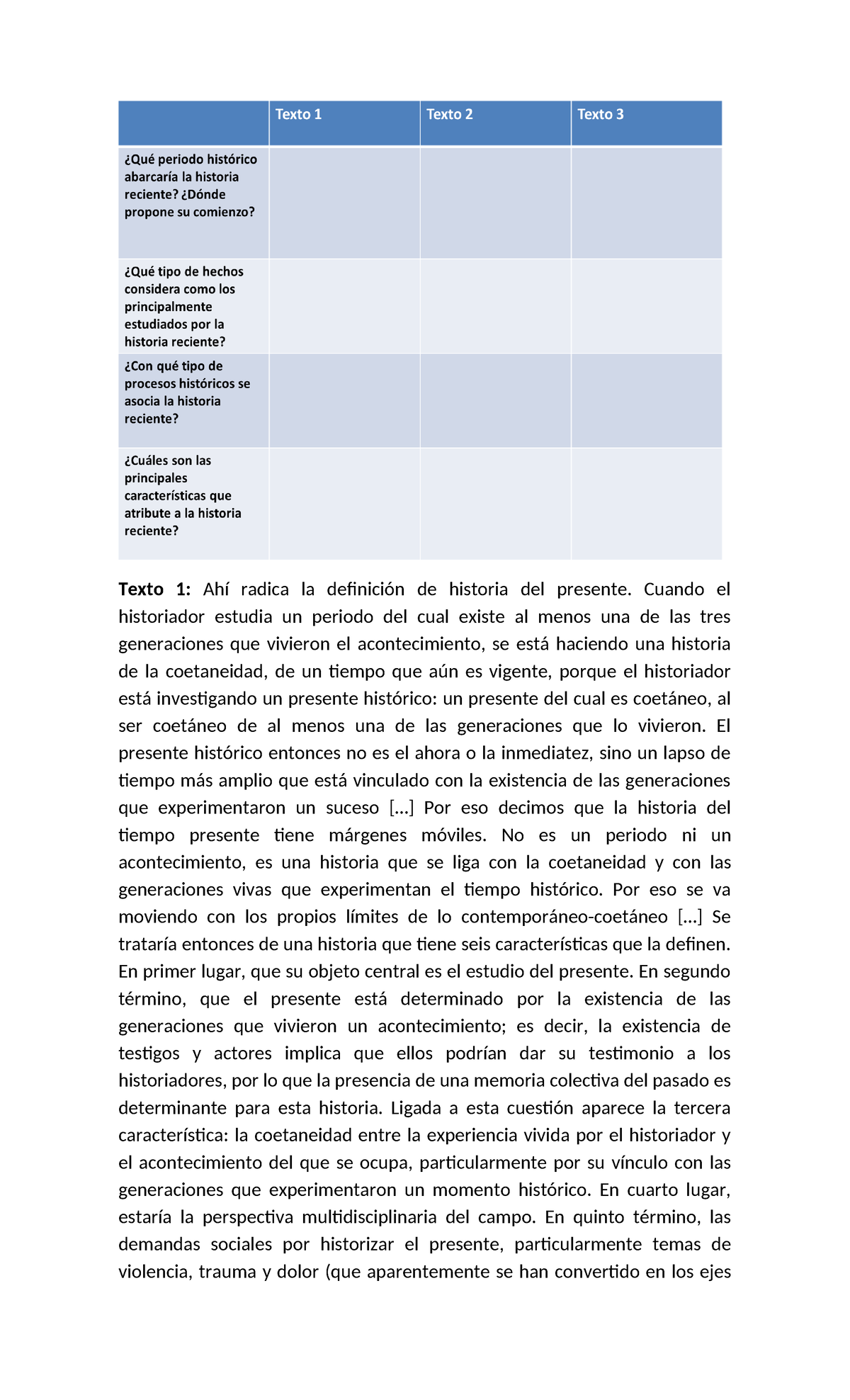 Comprension Historica - Texto 1: Ahí radica la definición de historia ...