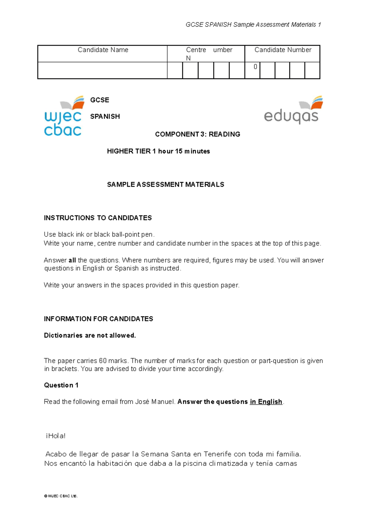 Higher reading specimen paper - Candidate Name Centre N umber Candidate ...