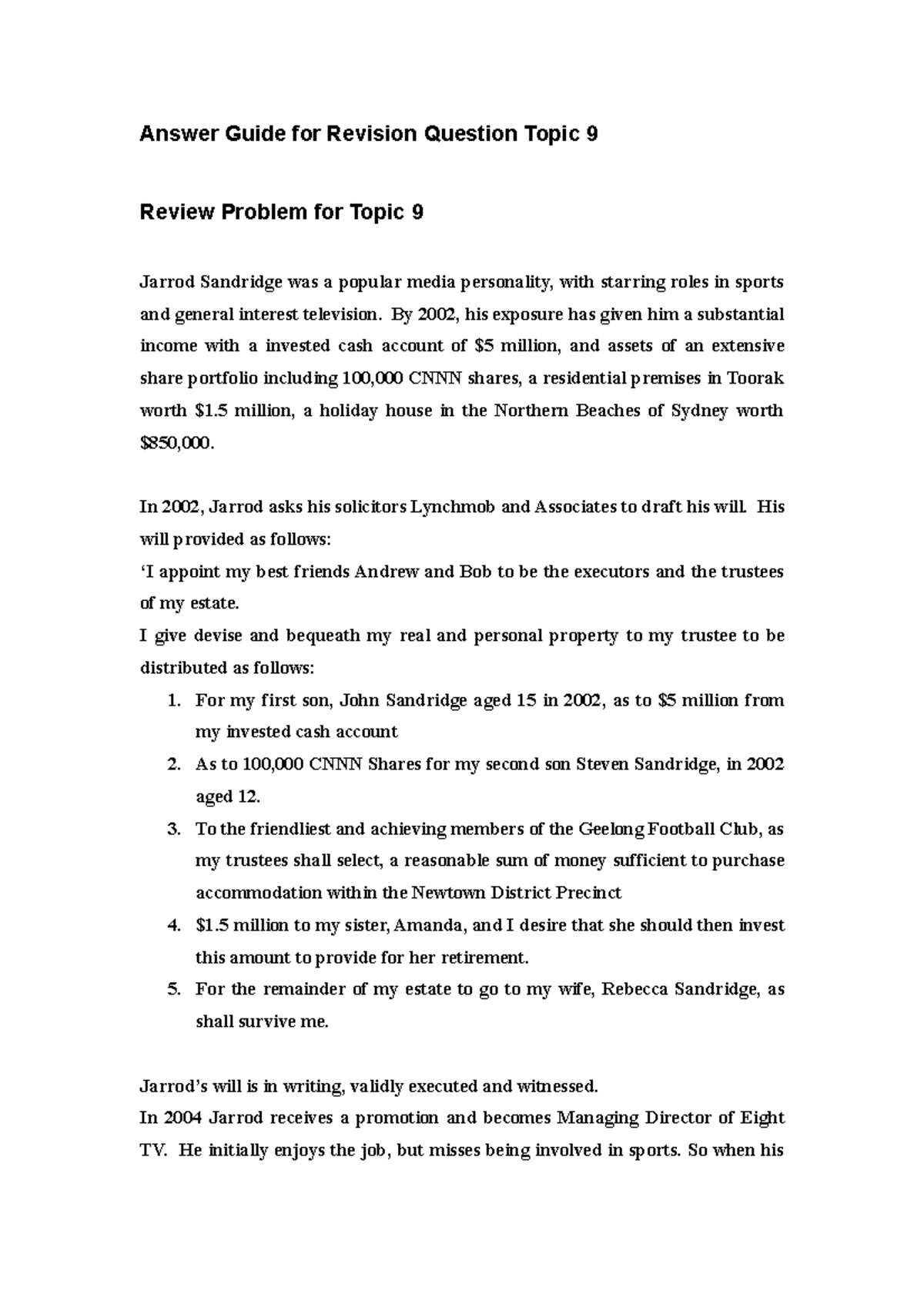 2018 MLL405 Topic 9 Revision Question Answer Guide - Answer Guide for ...