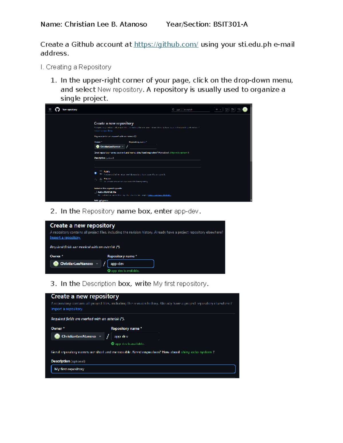 Atanoso 06 Task Performance 1 - Create a Github account at github/ using your sti.edu e-mail ...